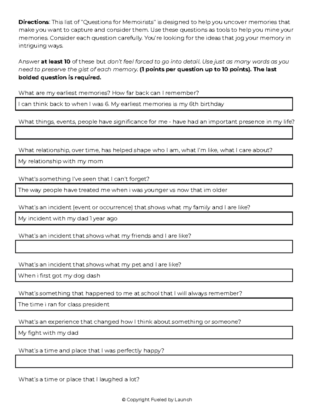 Copy of Questions for Memoirists - Directions: This list of “Questions ...