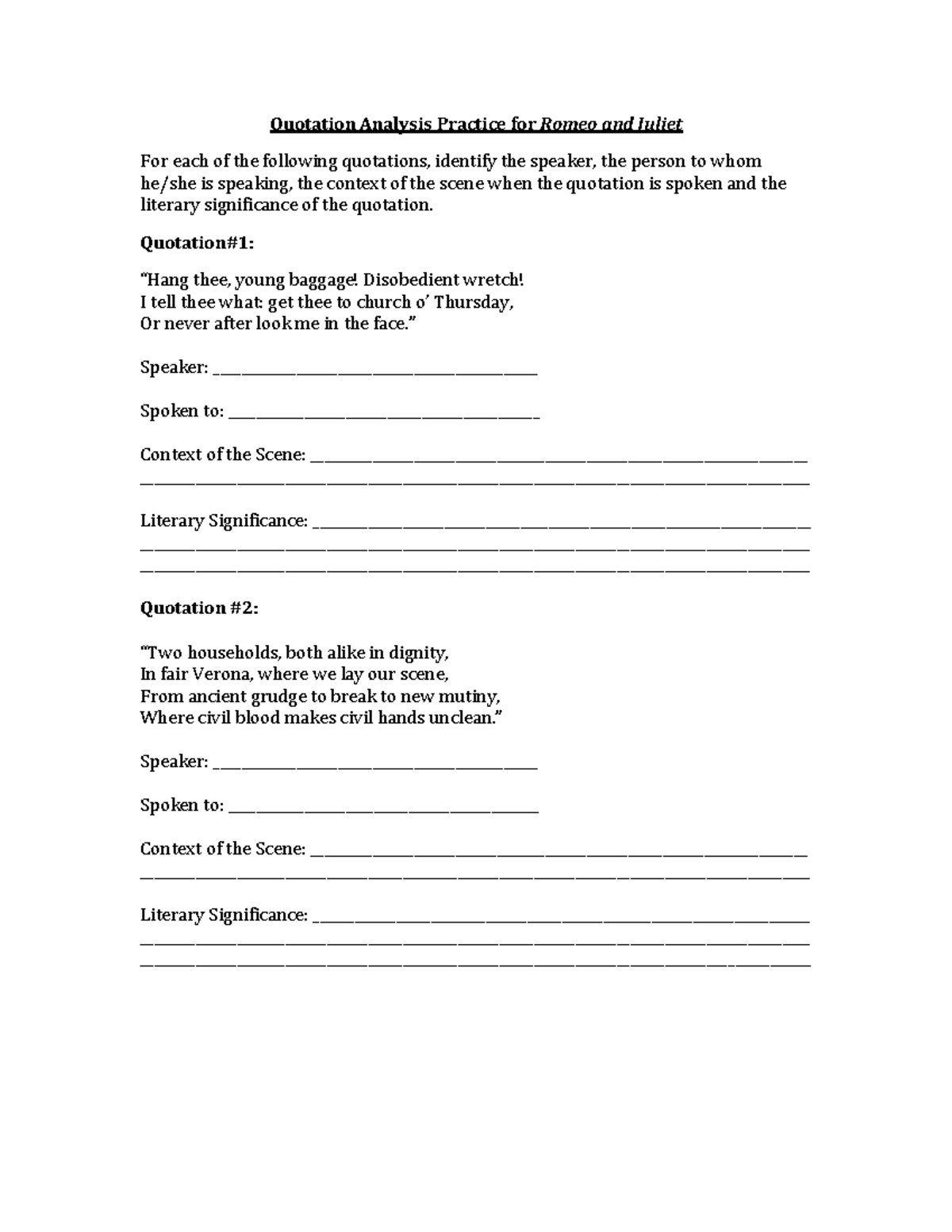 Romeo and Juliet Quotation Analysis Practice - Quotation Analysis ...