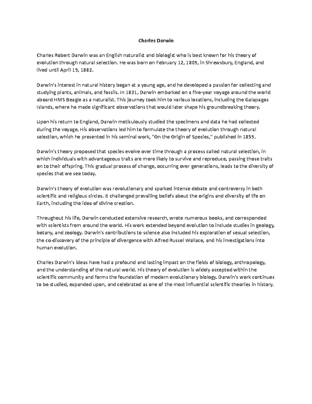 Charles Darwin - Charles Darwin Charles Robert Darwin was an English ...