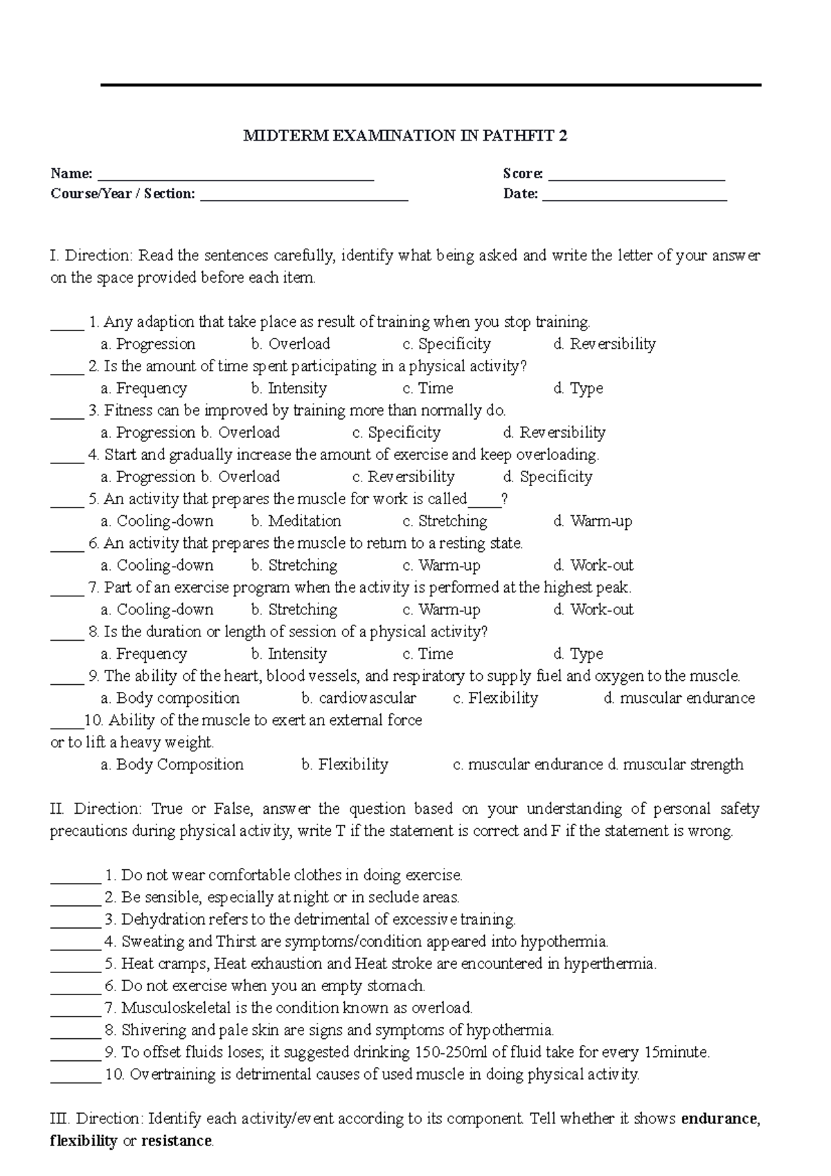 Midterm IN Pathfit 2 Updated - MIDTERM EXAMINATION IN PATHFIT 2 Name ...