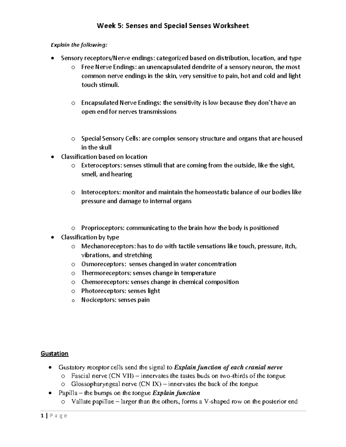 BIOS252 Week 5 Senses and Special Senses - Explain the following ...