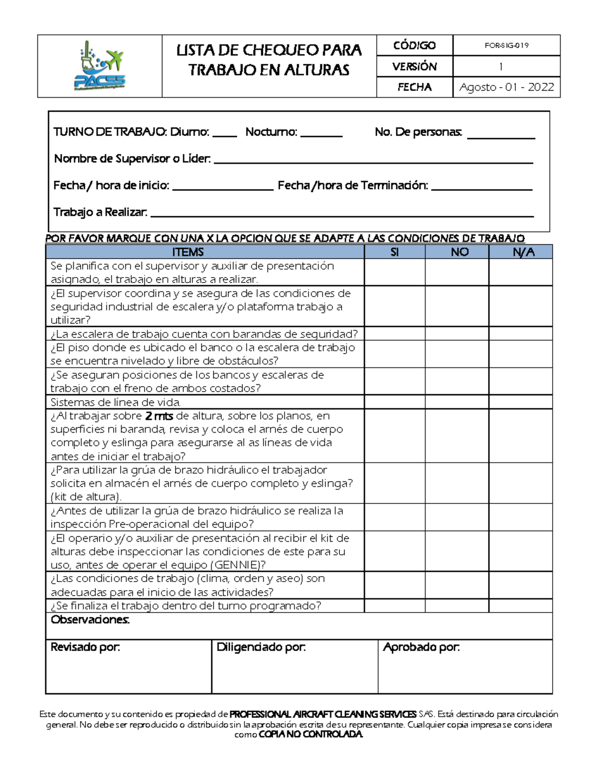 10.5 FOR-SIG-019 Check LIST PARA Trabajo EN Alturas 1 - LISTA DE ...
