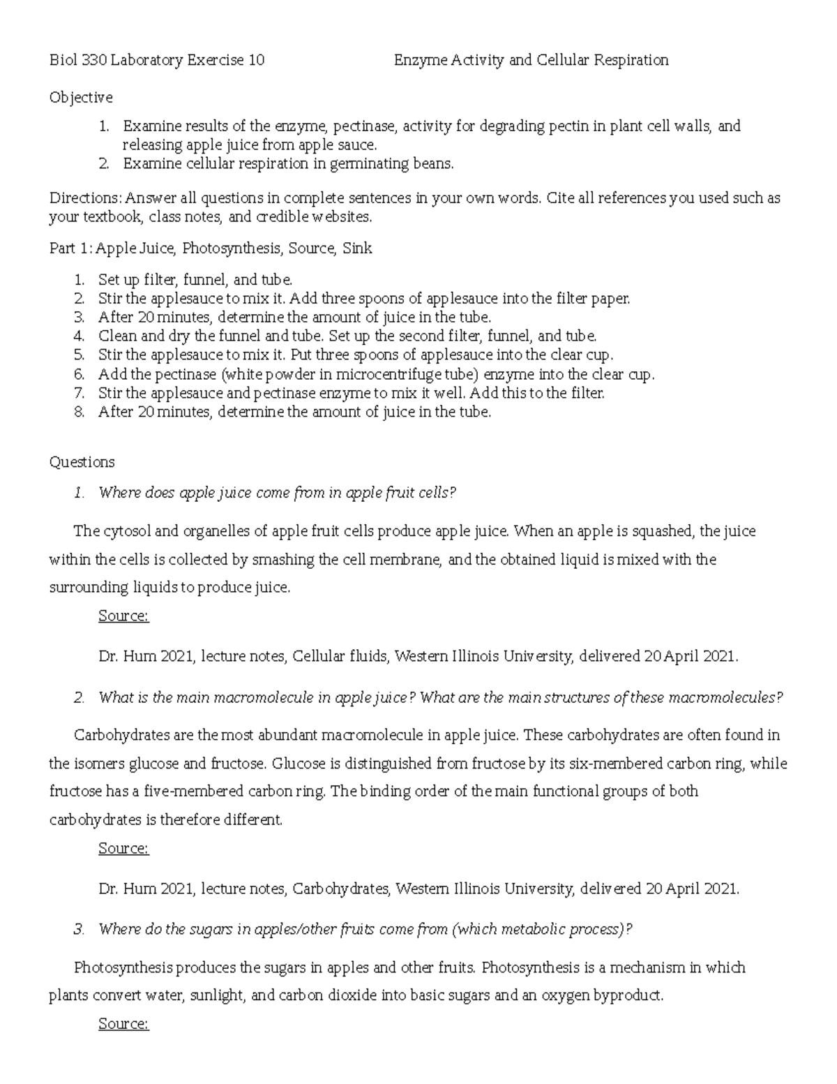 Enzyme Activity and Cellular Respiration - Biol 330 Laboratory Exercise ...