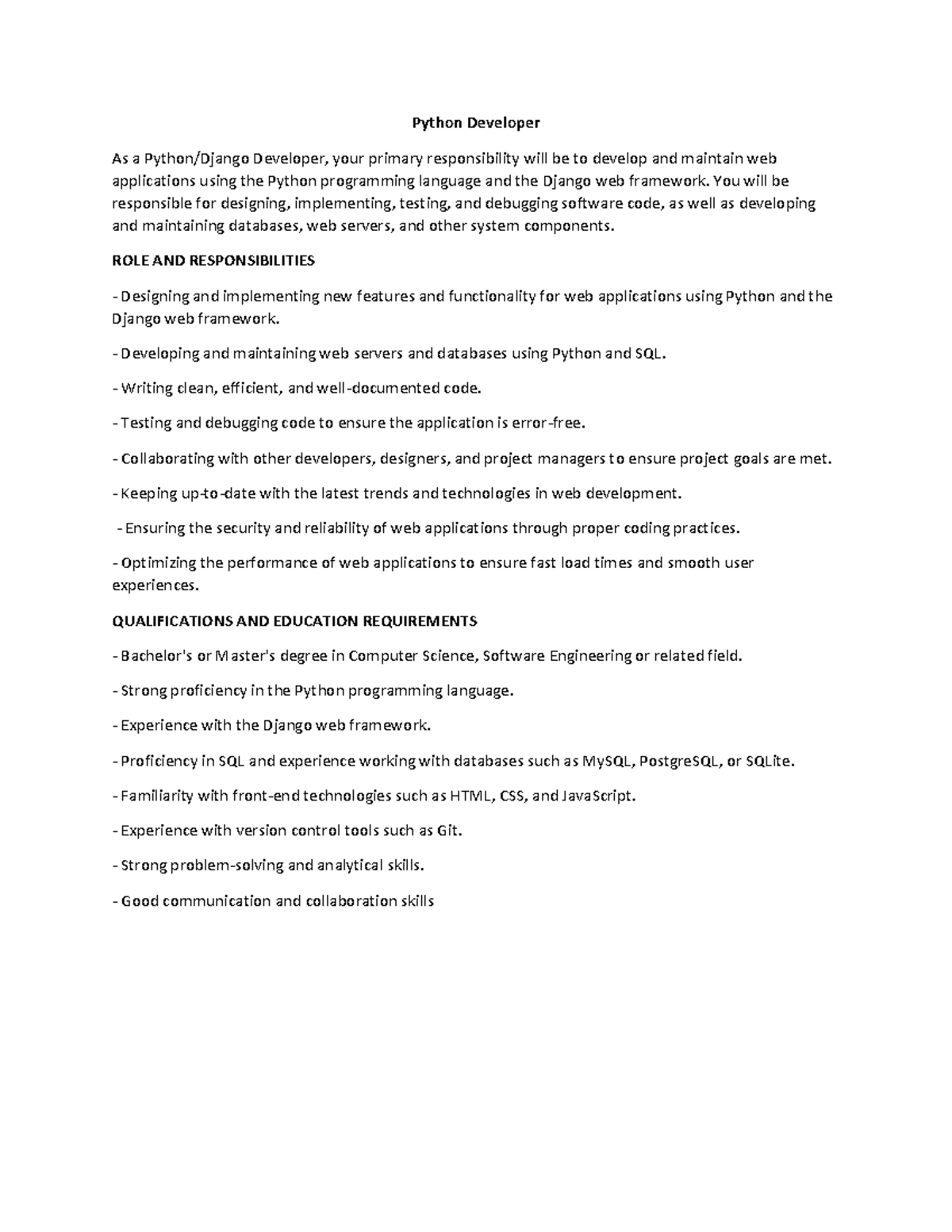 Python Developer - JD - sad - Python Developer As a Python/Django Developer, your primary - Studocu