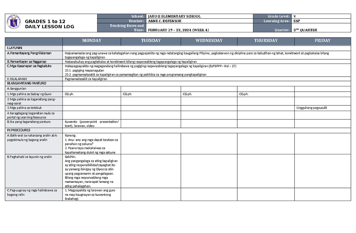 DLL ESP 5 Q3 W4 - thank u - GRADES 1 to 12 DAILY LESSON LOG School: JARO II ELEMENTARY SCHOOL ...