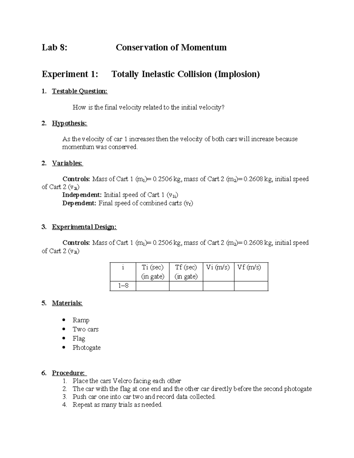 PHY111L Lab 8 Conservation of momentum 3 - Lab 8: Conservation of ...