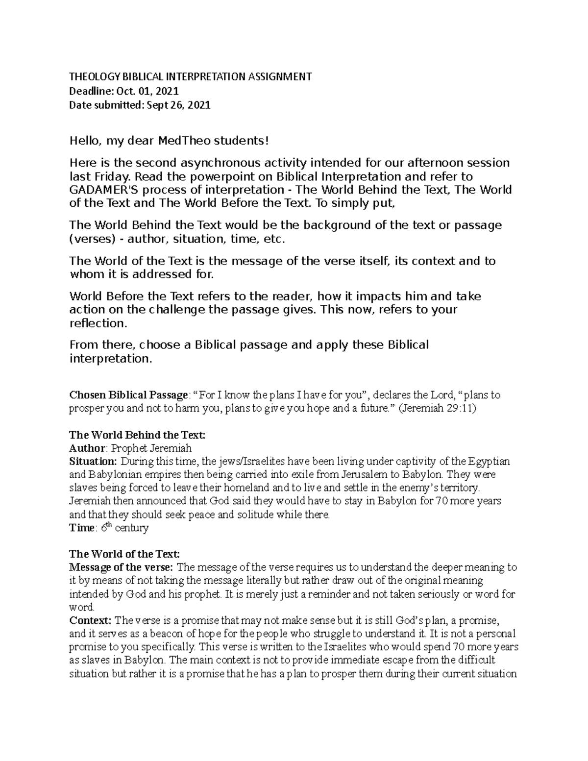 Biblical Passage AND Interpretation Assignment - THEOLOGY BIBLICAL ...