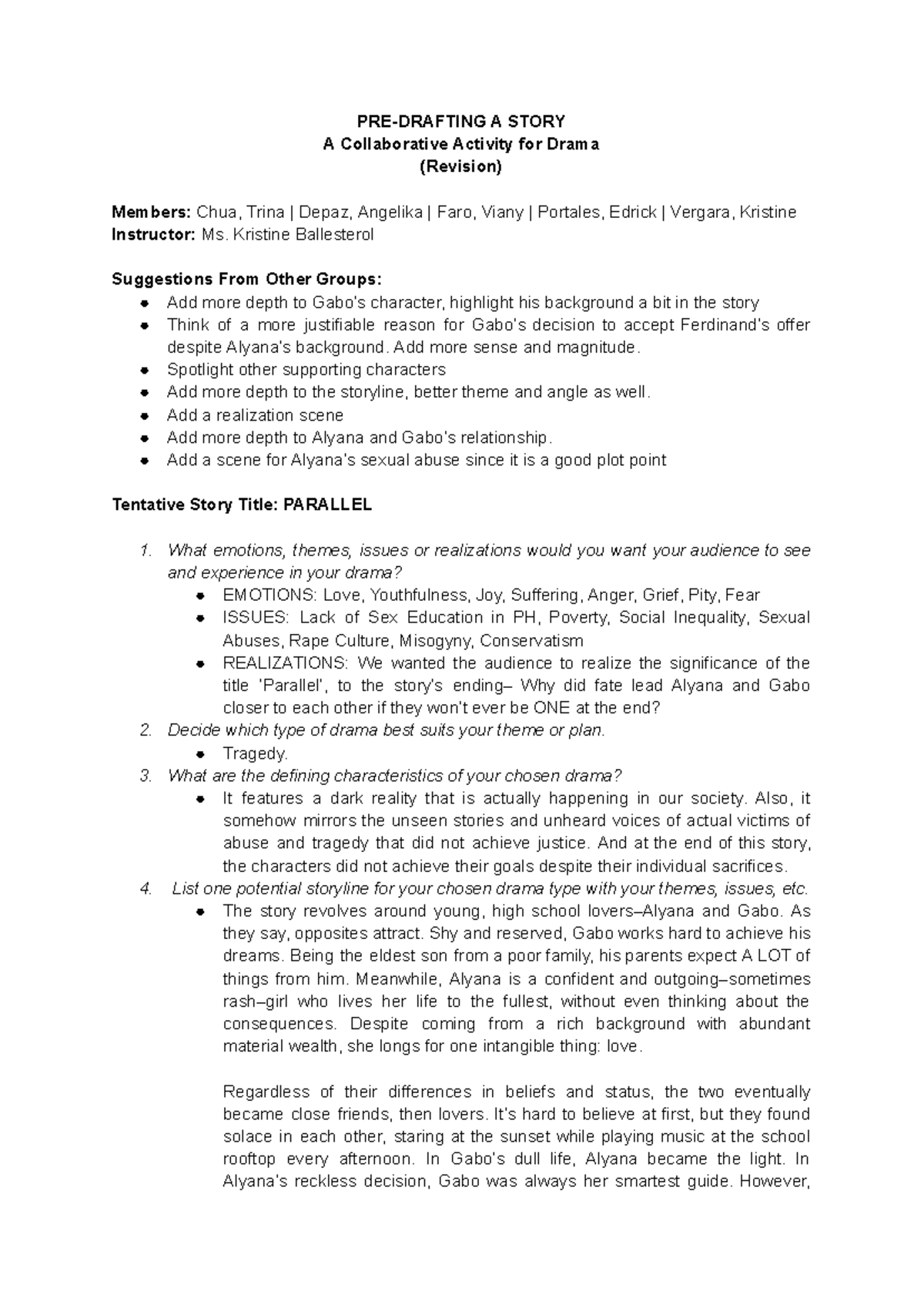 Drama Story Revision - PRE-DRAFTING A STORY A Collaborative Activity ...