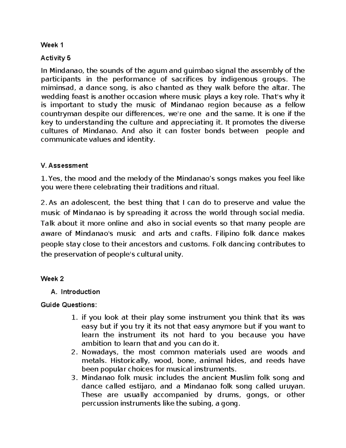 A LESSON FOR MUSIC, MODULE IN GRADE 7 - Week 1 Activity 5 In Mindanao ...