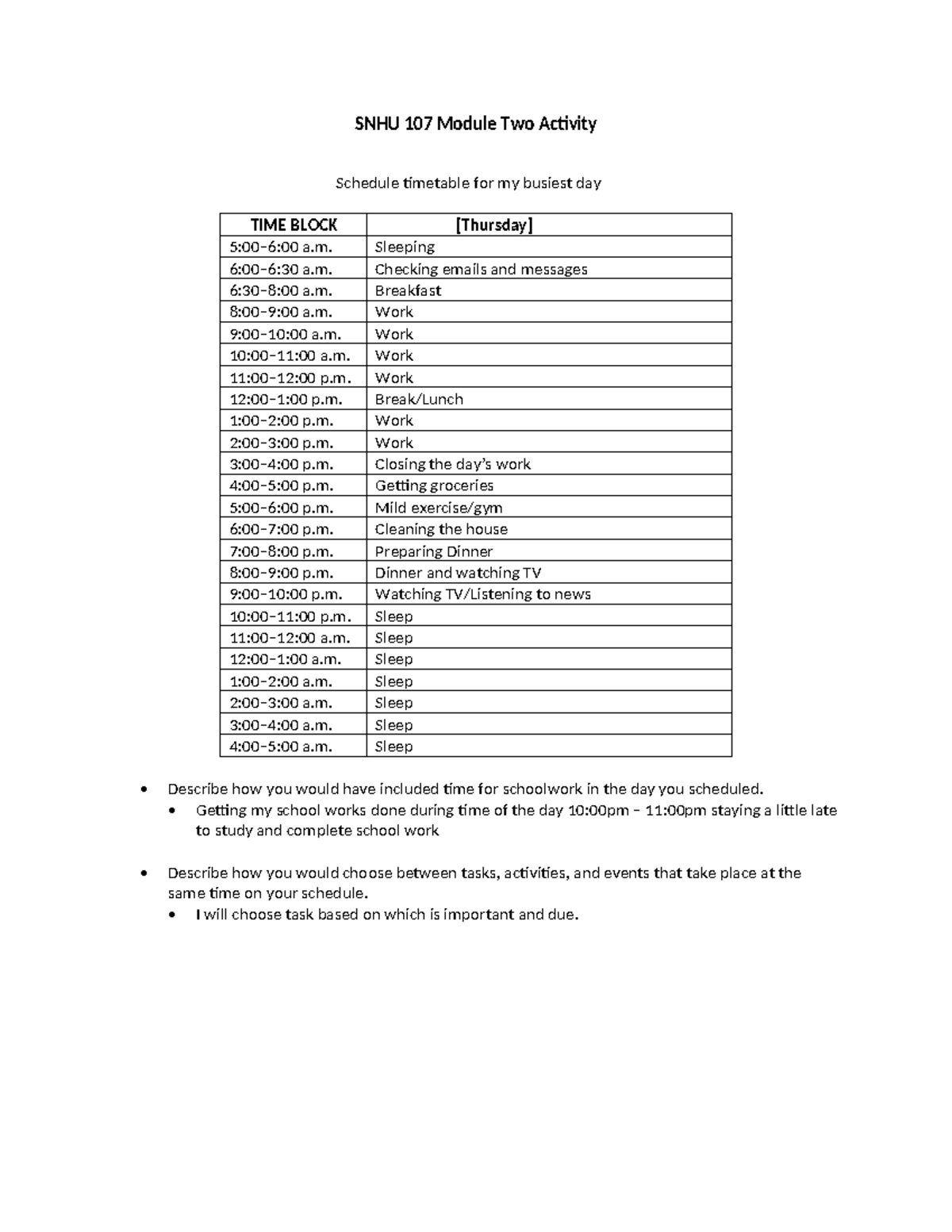 SNHU 107 Module Two Activity - SNHU 107 Module Two Activity Schedule ...