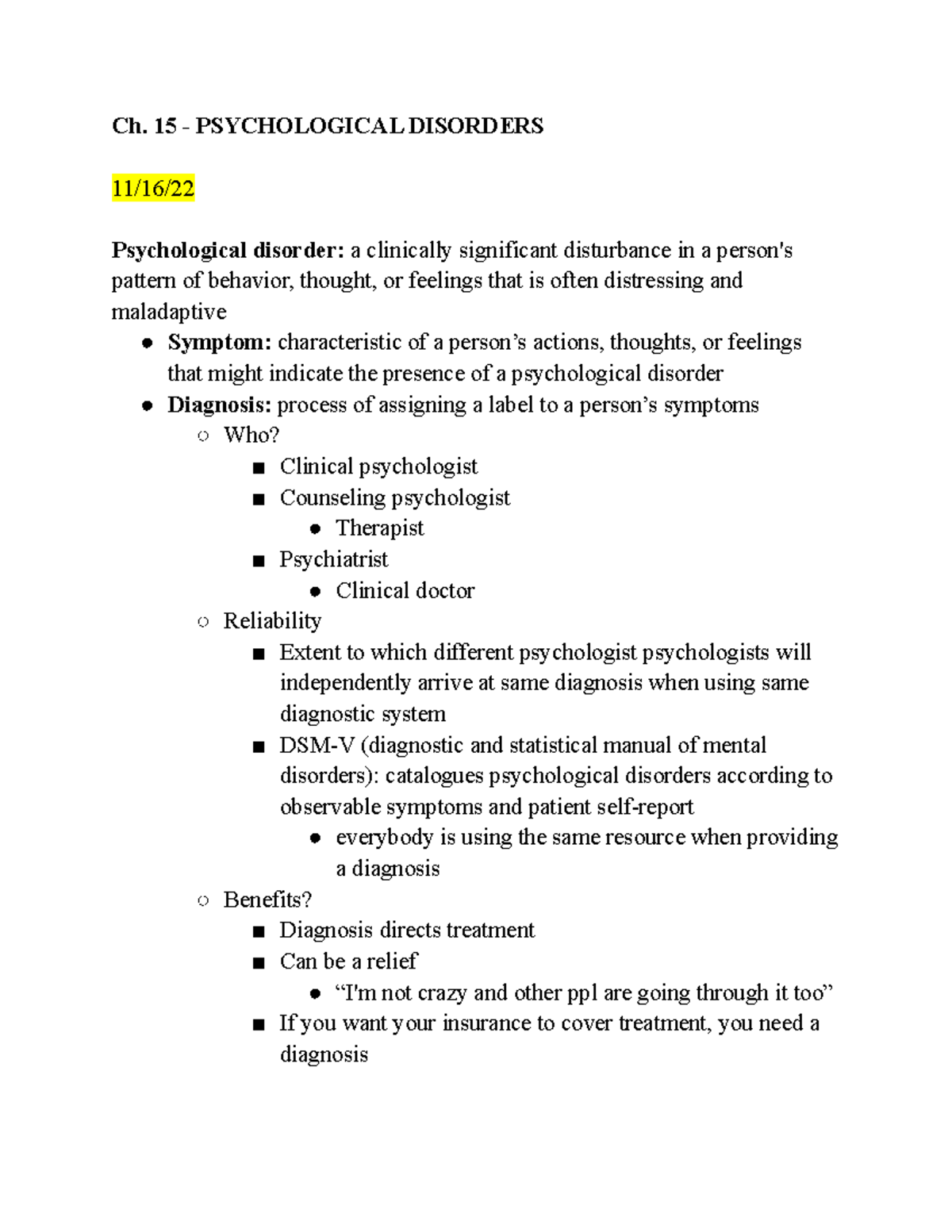 Ch. 15 - Psychological Disorders - Ch. 15 - PSYCHOLOGICAL DISORDERS 11 ...