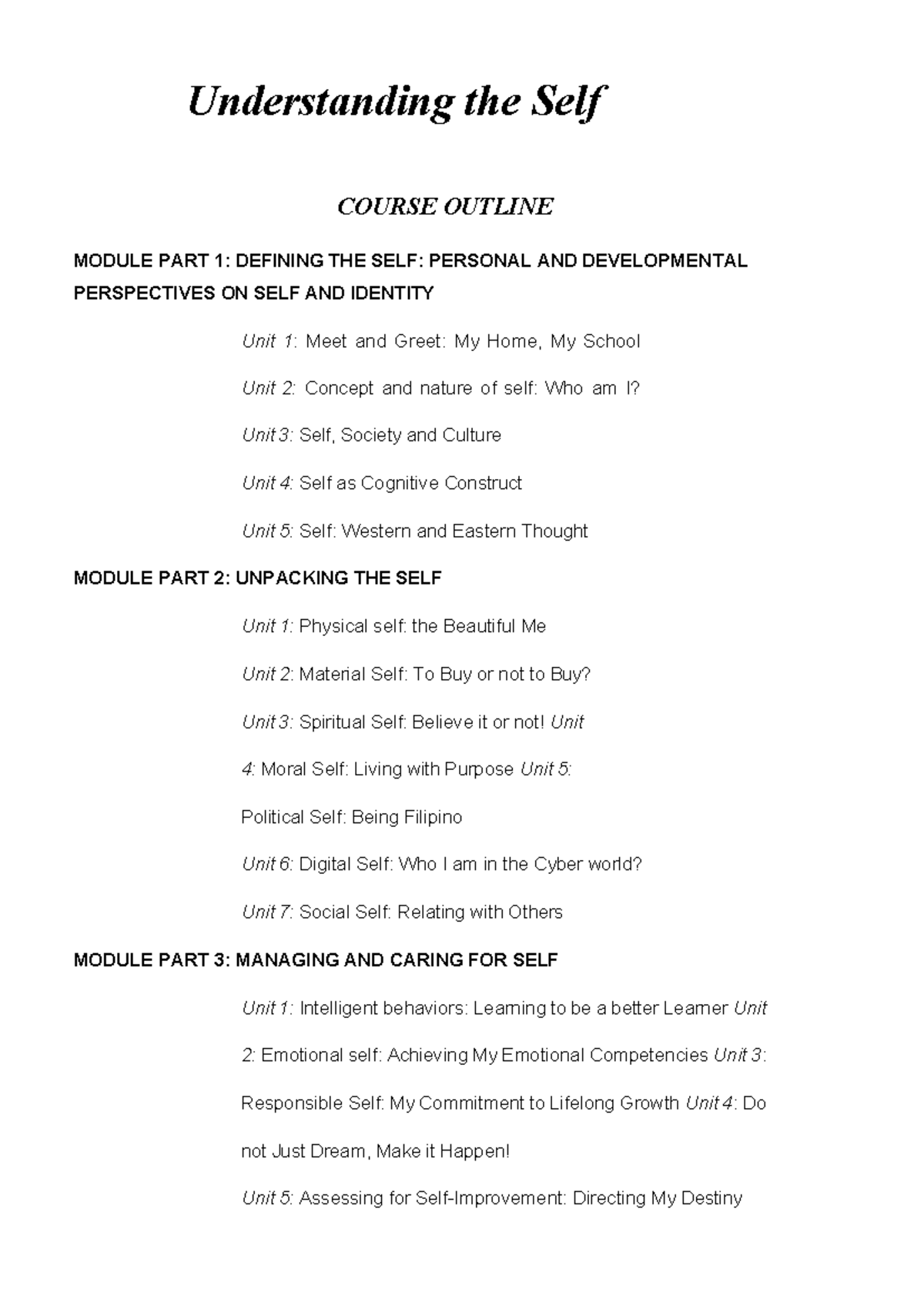 Understanding-the-Self - Understanding the Self COURSE OUTLINE MODULE ...