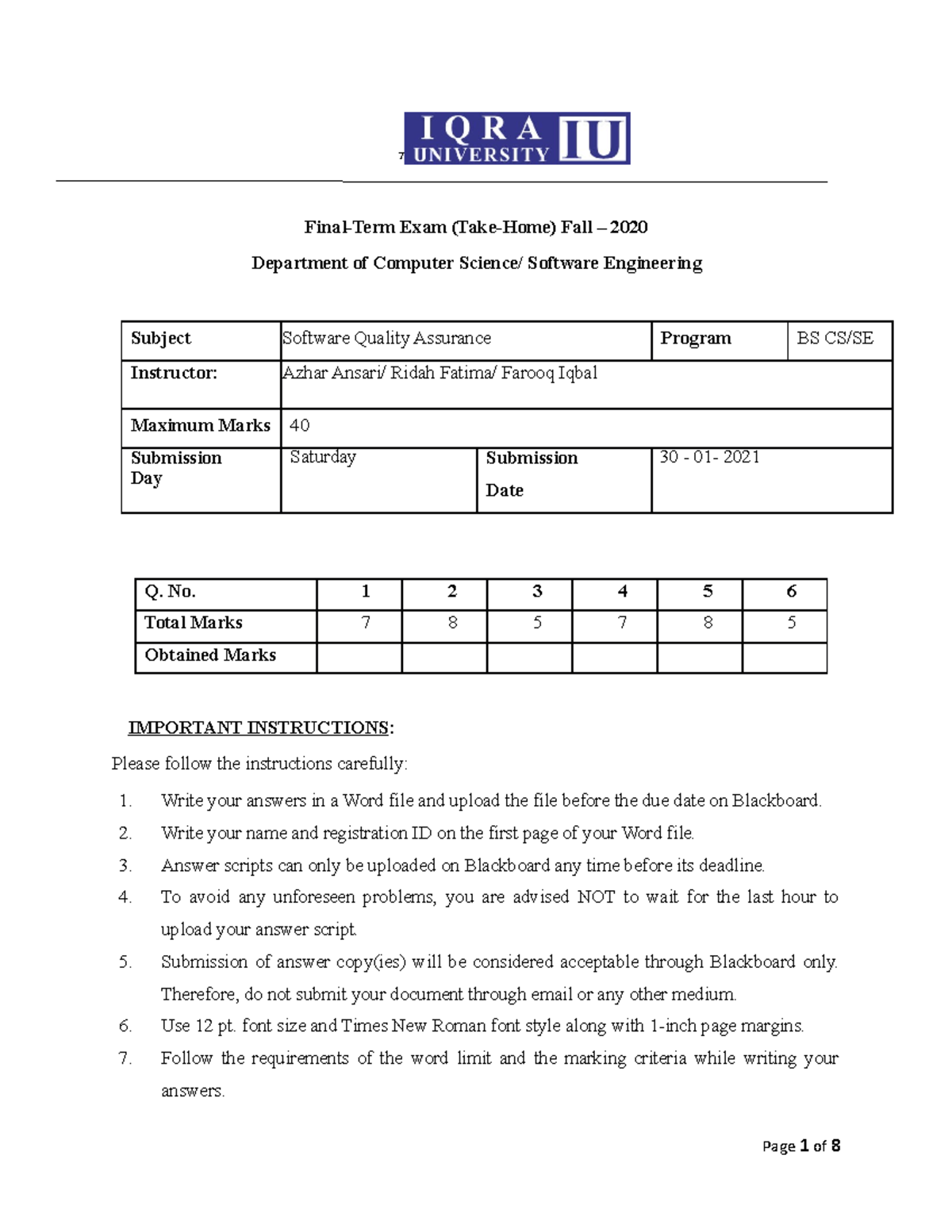 Final Exam SQA Fall 2020 - ⁷ Final-Term Exam (Take-Home) Fall – 2020 ...