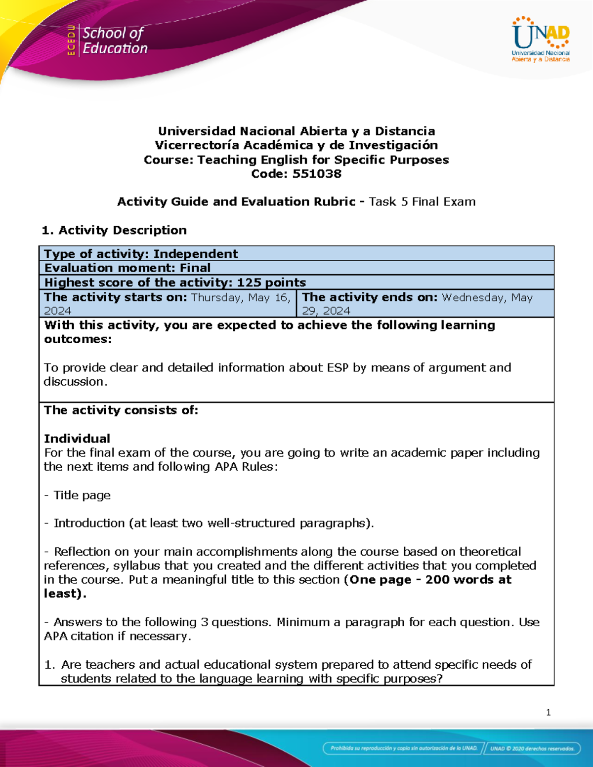 Activity - Task 5 - Final Exam - Universidad Nacional Abierta y a ...