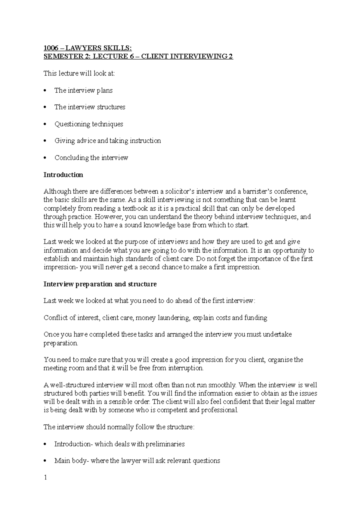S2 1006 Lecture 6 - Client Interviewing 2 - 1006 – LAWYERS SKILLS ...