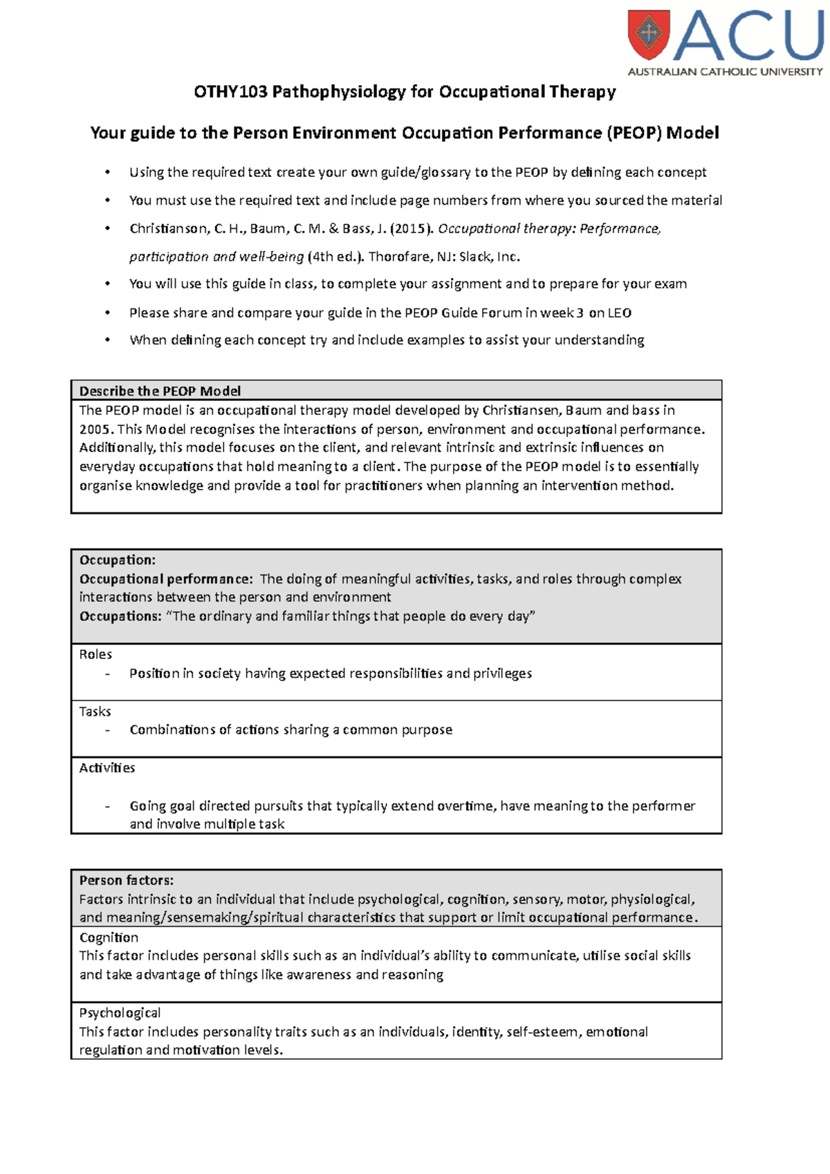 OTHY103 Guide to the PEOP Template - final - OTHY103 Pathophysiology ...