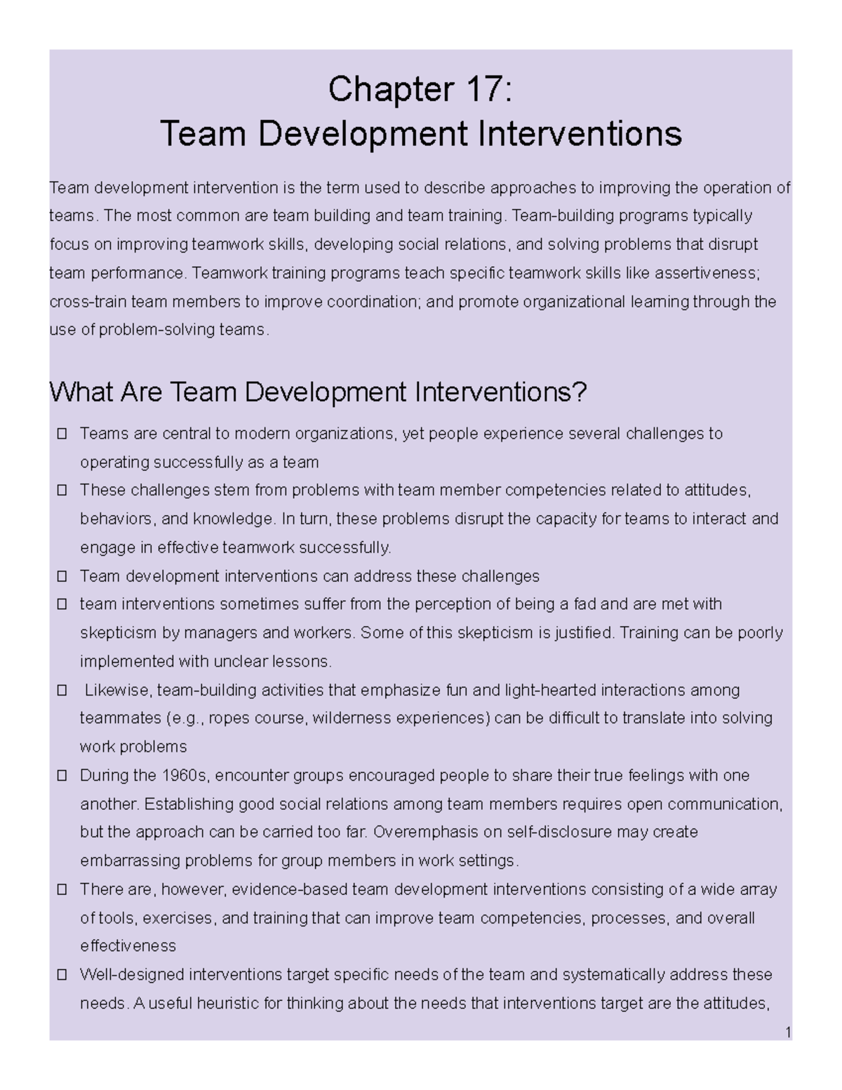 Chapter 17 Team Development Interventions - The most common are team ...