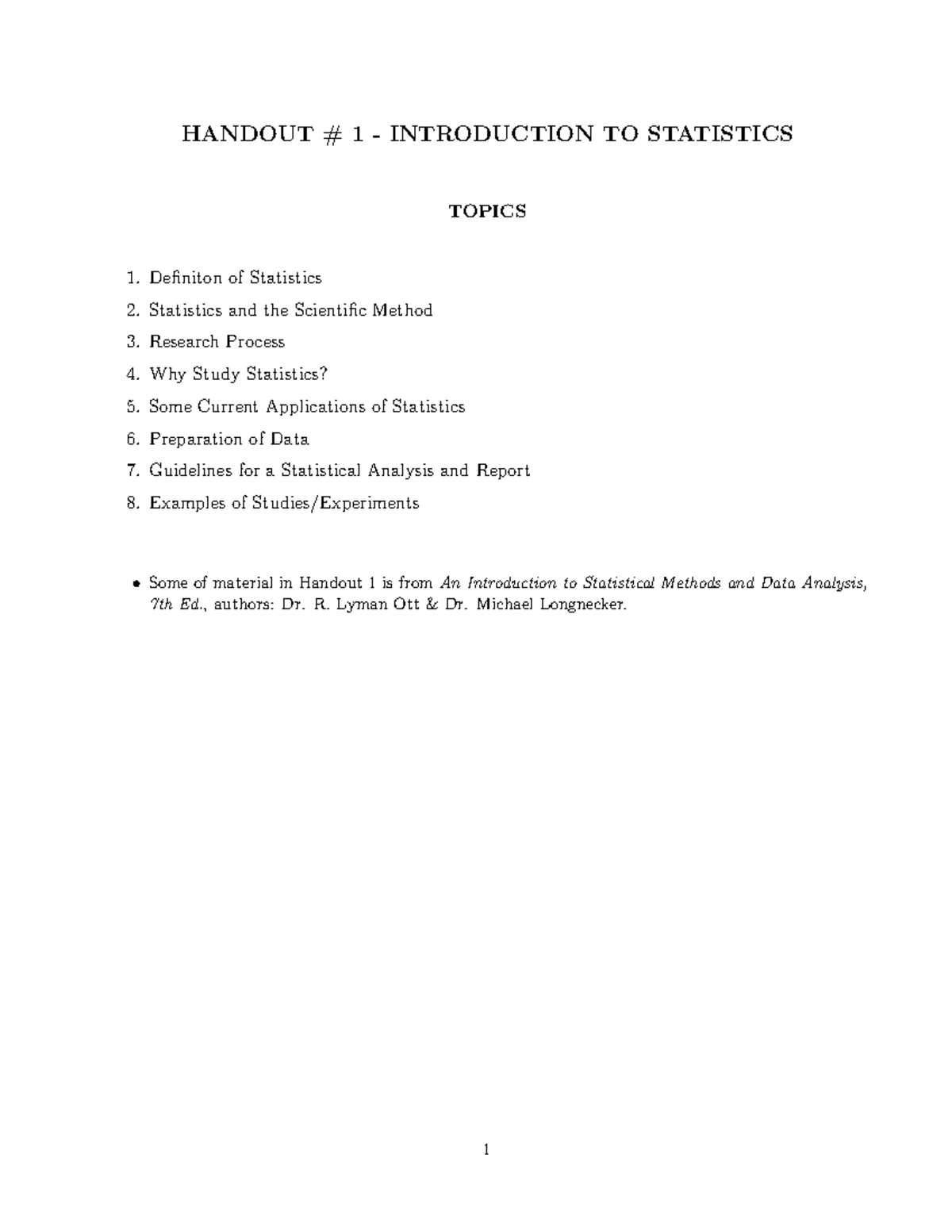 Handout 01 - The Methods of Statistics I - HANDOUT # 1 - INTRODUCTION ...