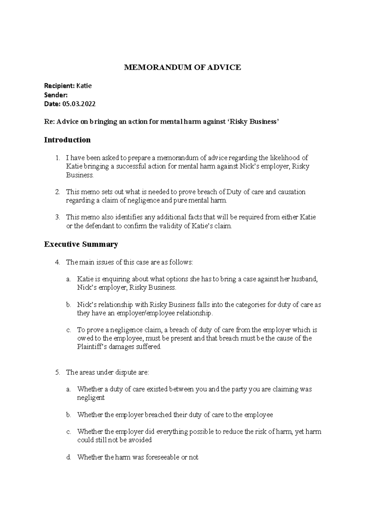 Memorandum OF Advice - ASSESSMENT HD - MEMORANDUM OF ADVICE Recipient ...