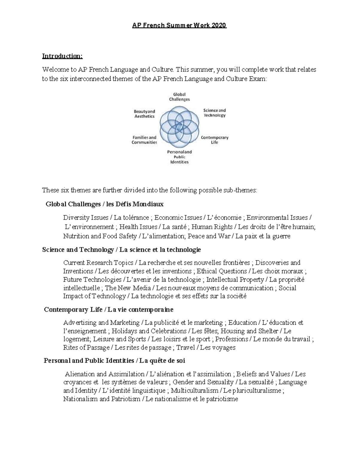AP Summer Work 2020 - AP French Summer Work 2020 Introduction: Welcome ...