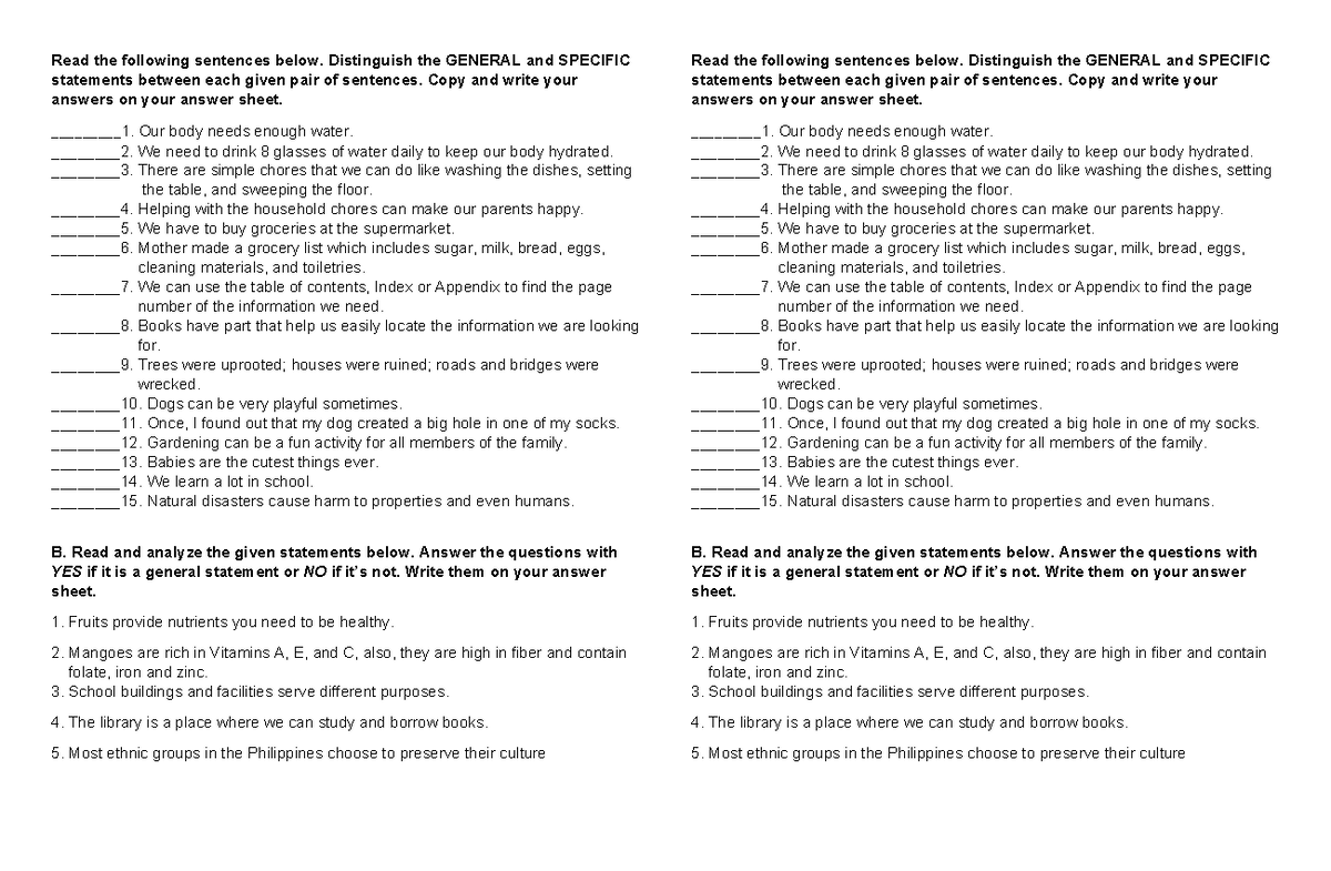 Distinguish general and specific statements - Read the following ...