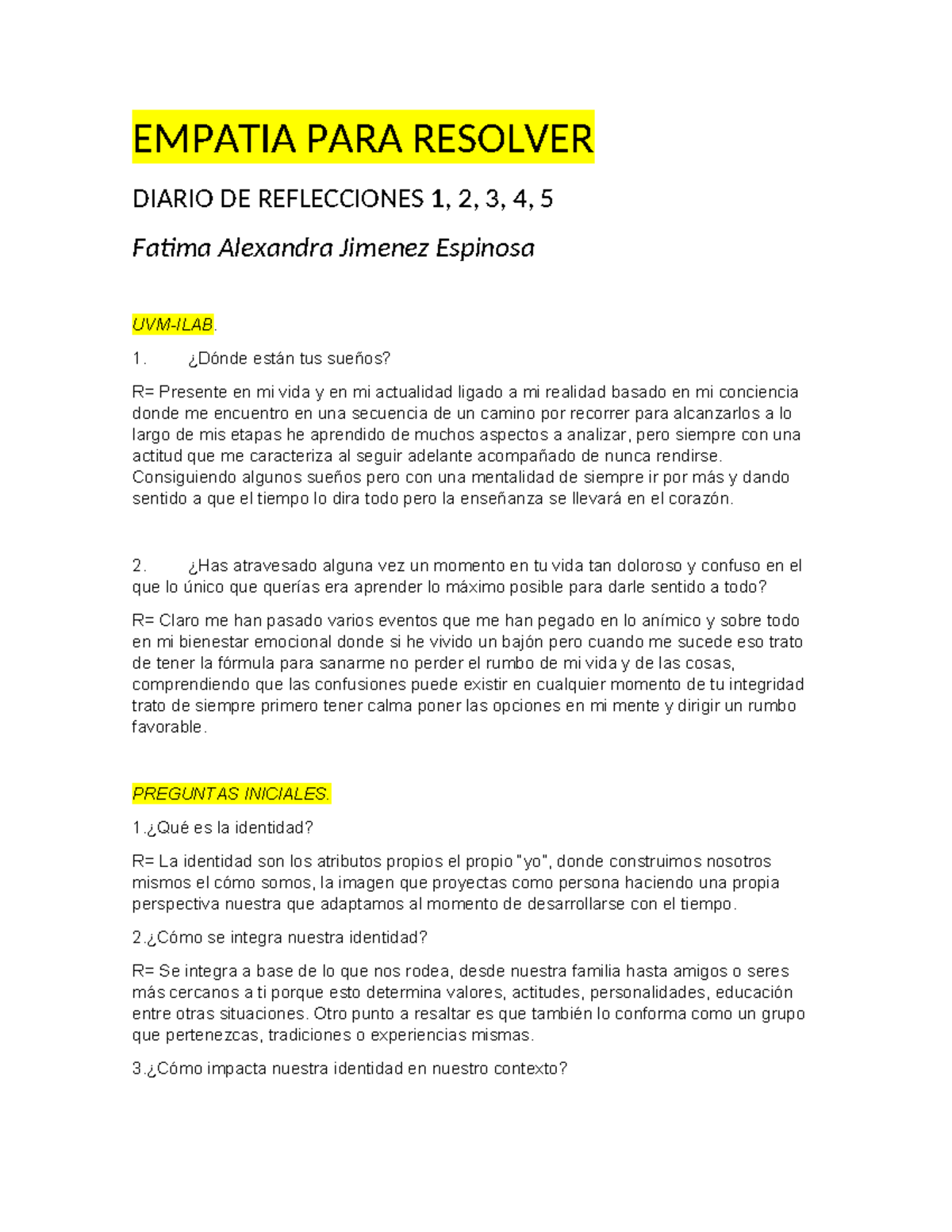 Diario DE Reflexiones - Tarea - EMPATIA PARA RESOLVER DIARIO DE REFLECCIONES 1, 2, 3, 4, 5 ...