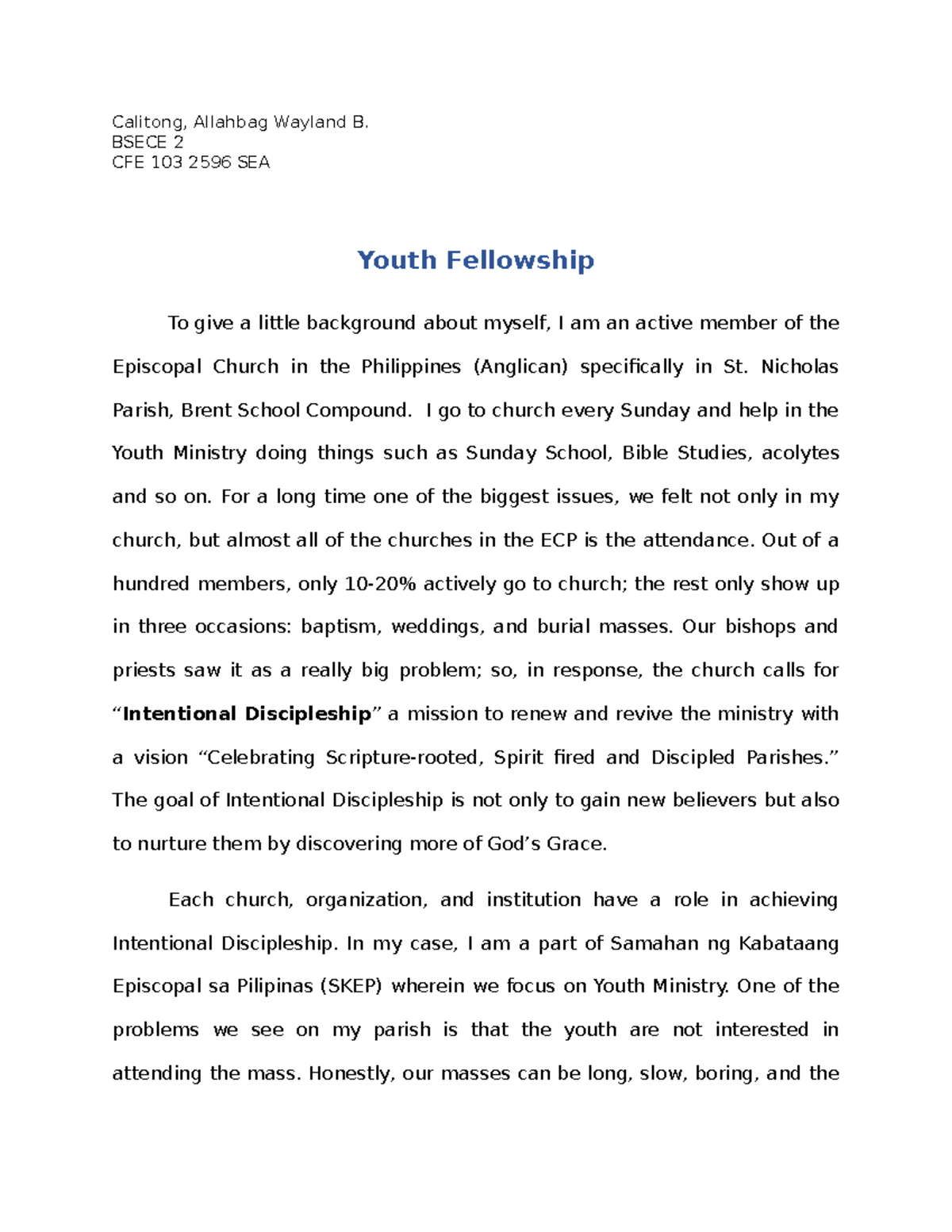 Youth Fellowship - Calitong, Allahbag Wayland B 2 CFE 103 2596 SEA ...