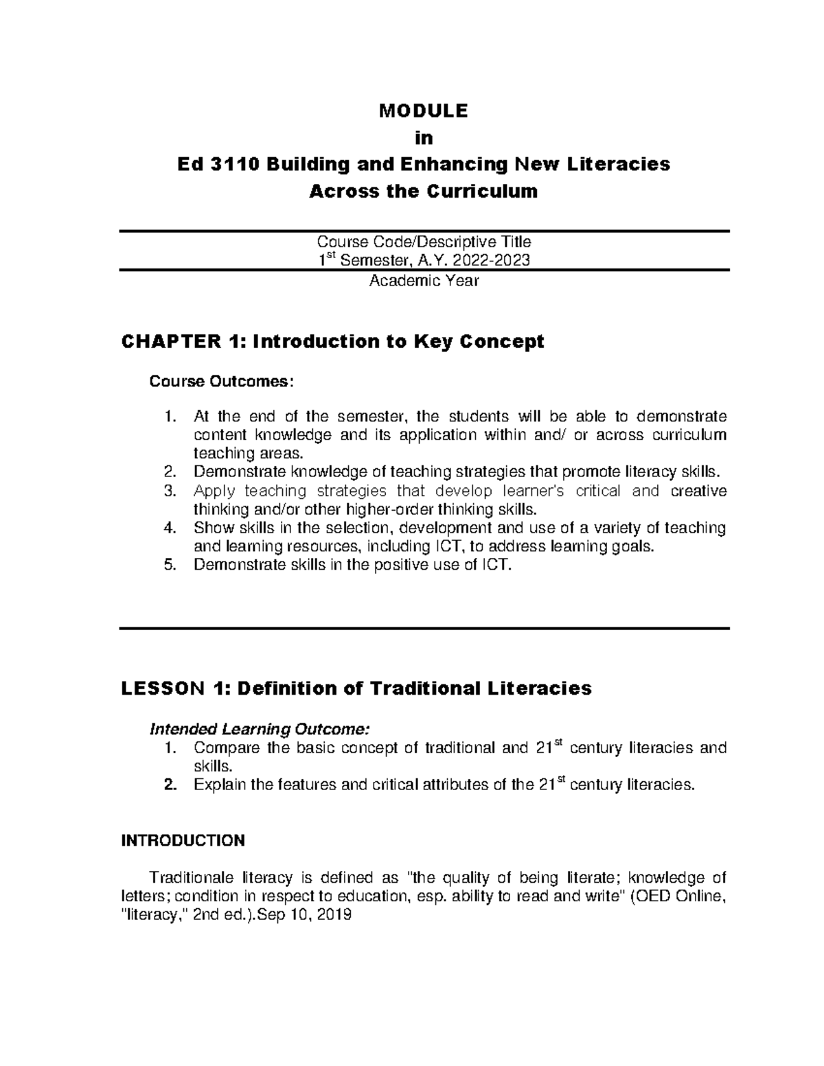 Lesson 1 Definition OF Traditional Literacies - MODULE in Ed 3110 ...