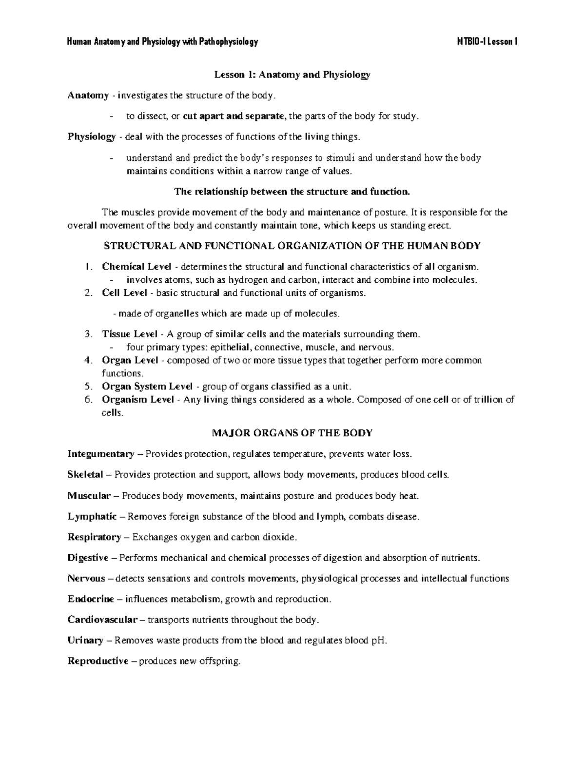 MTBio 1Lesson 1 - BSMT - Human Anatomy and Physiology with ...