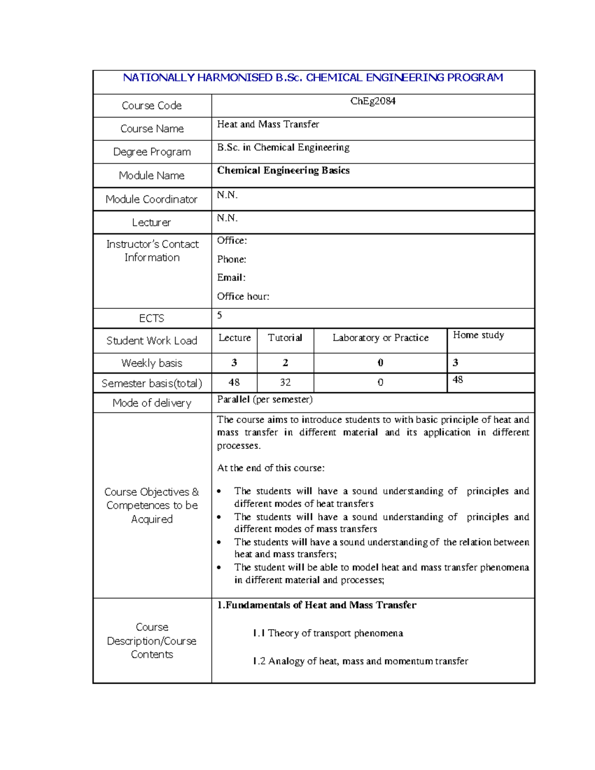 Course outline 2019 654360 Heat and Mass Transfer - NATIONALLY ...