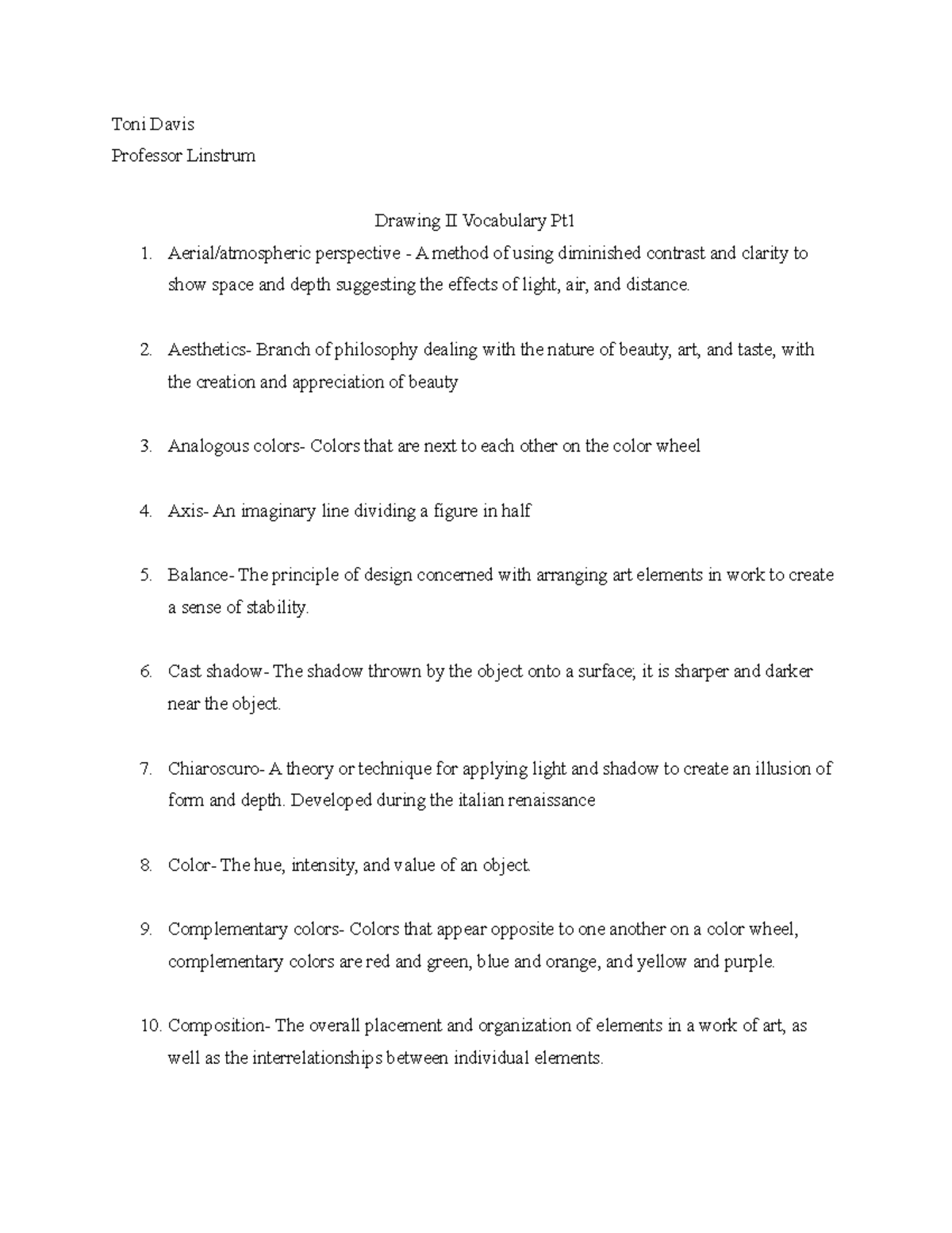 DRAW 101 Notes - Vocabulary Pt1 - Toni Davis Professor Linstrum Drawing ...