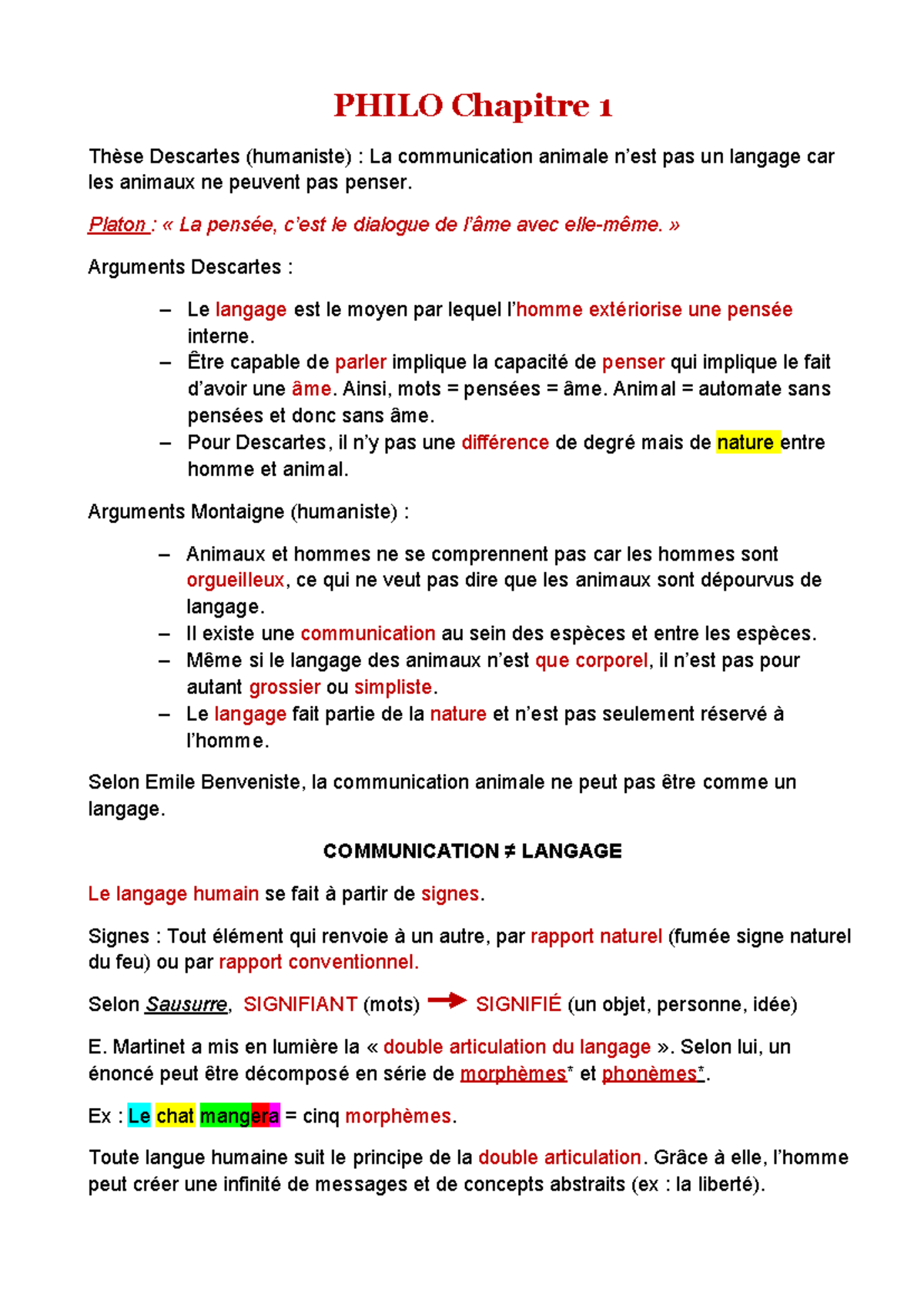 HLP langage, communication, art oratoire - PHILO Chapitre 1 Thès D scart s (humanist ) : La ...