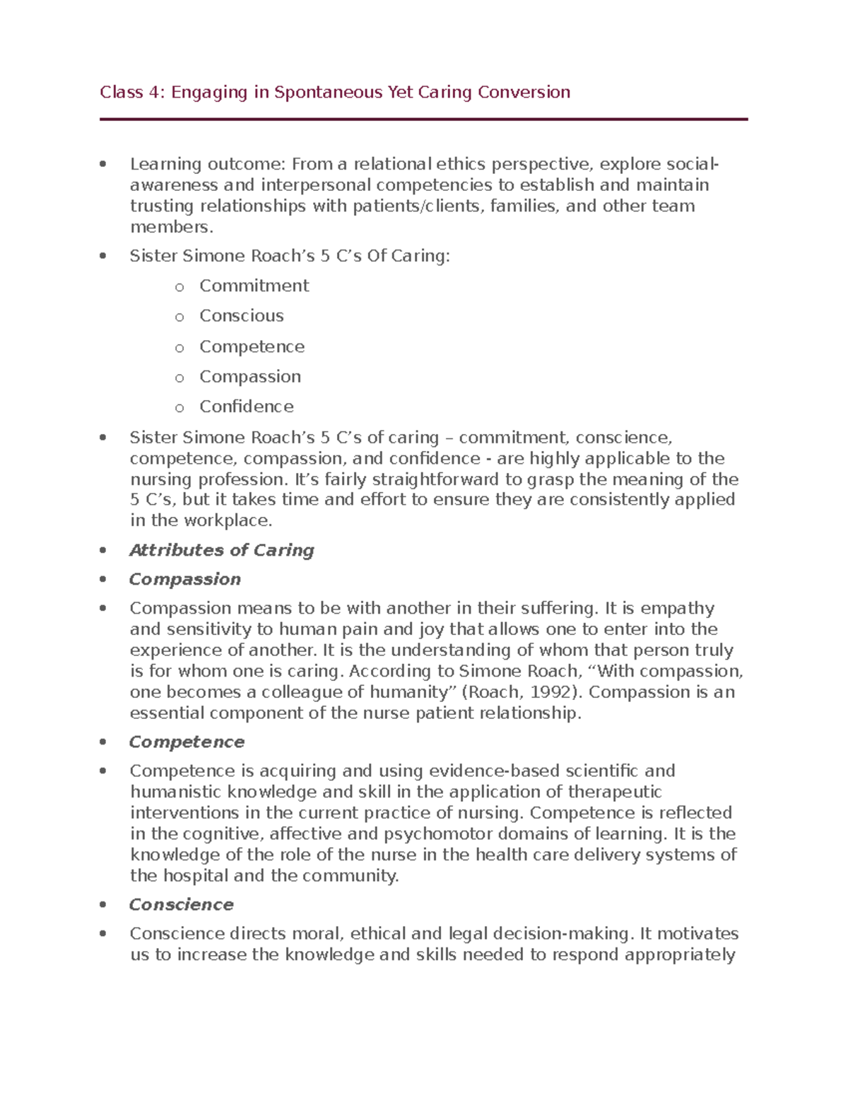 Class 4 notes - Class 4: Engaging in Spontaneous Yet Caring Conversion ...