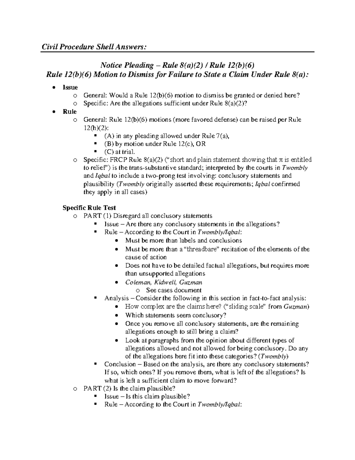 Civ Pro Shell Answers (Hoffman 2018 ) - Civil Procedure Shell Answers ...