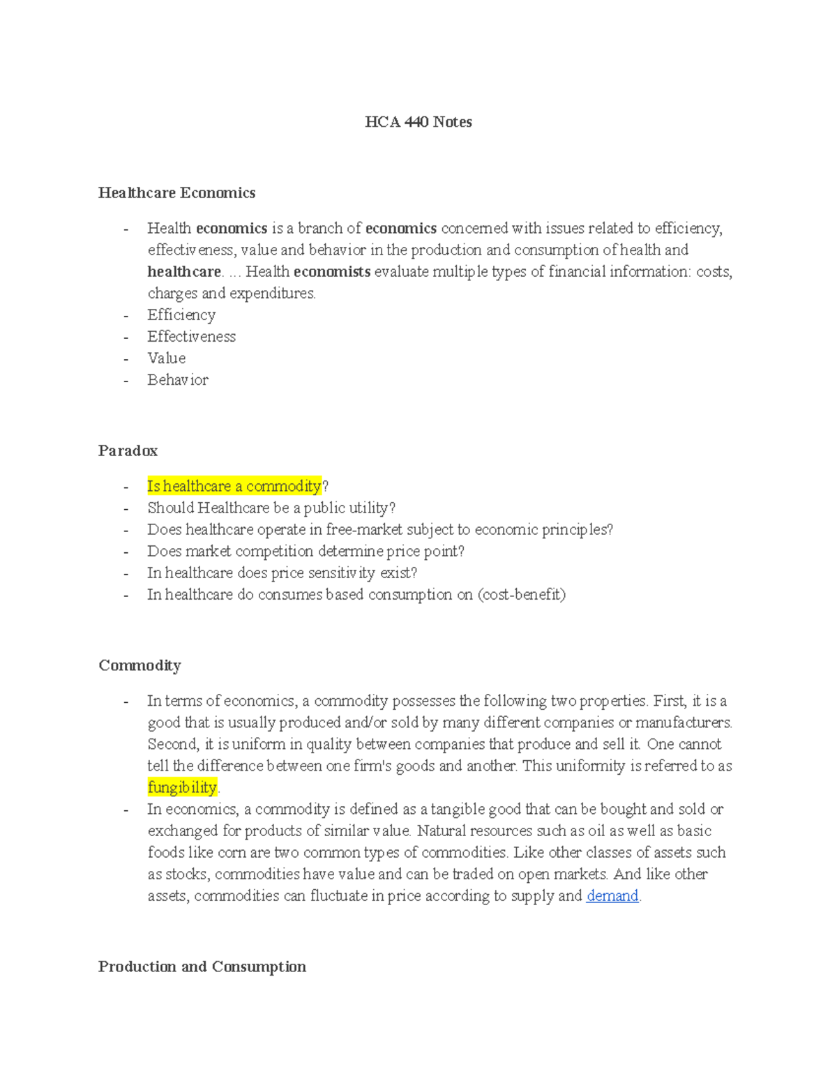 HCA 440 Notes Lecture #1 - HCA 440 Notes Healthcare Economics Health ...