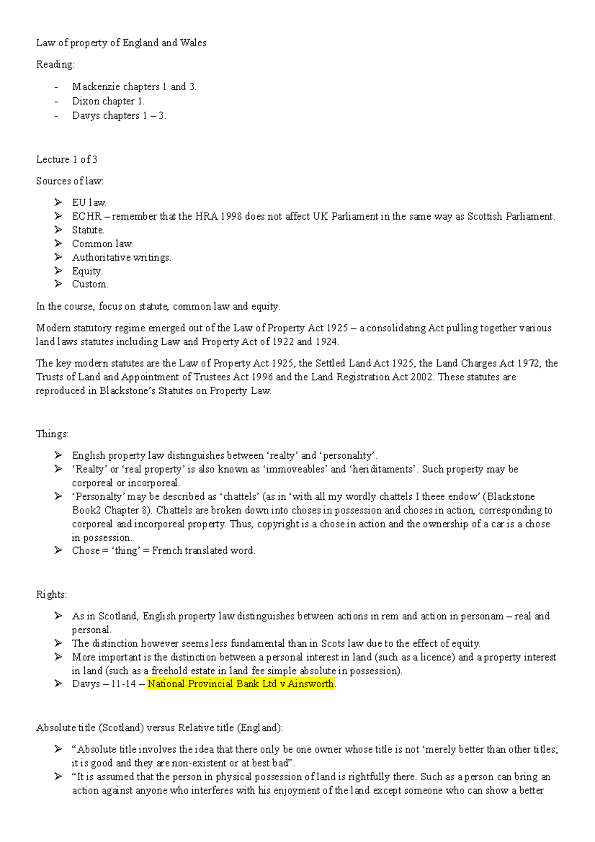 Lecture 1 of 3 - Law of property of England and Wales Reading ...