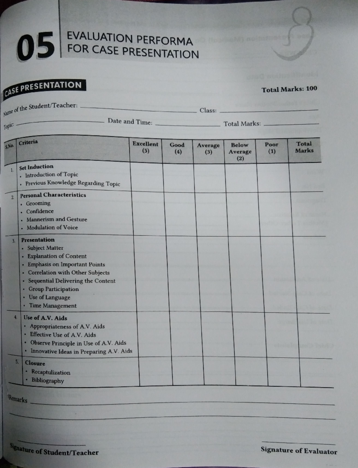 Case Presentation Format - 05 EVALUATION PERFORMA FOR CASE PRESENTATION ...