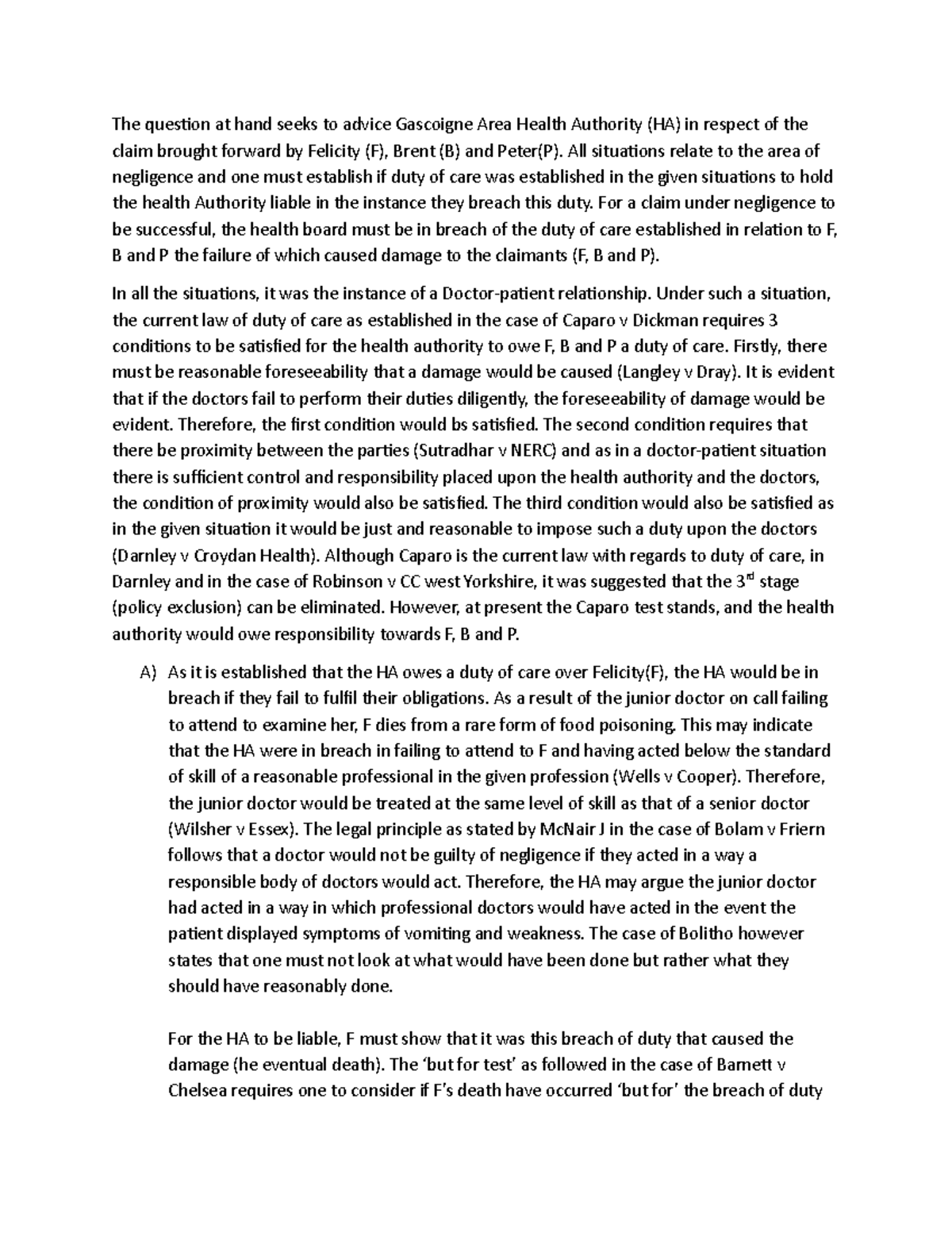 Tort-negligence - answer to a problem question - The question at hand ...