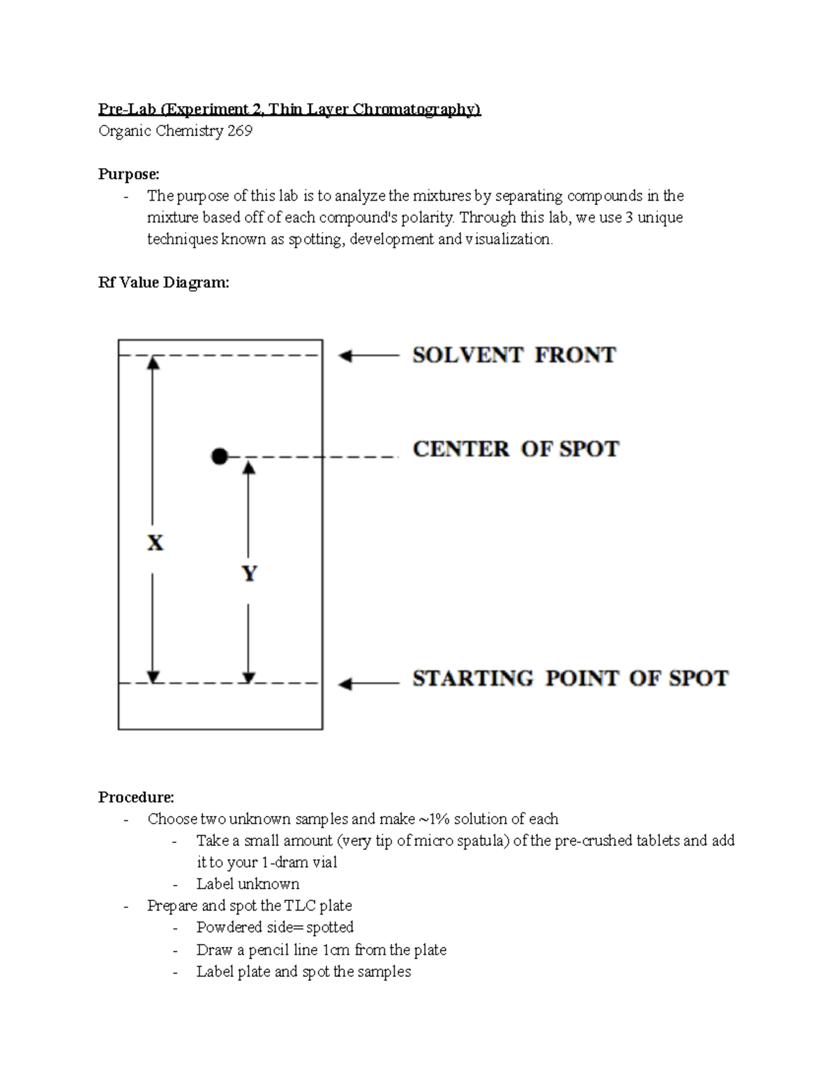 TLC Prelab - grade- a - Pre-Lab (Experiment 2, Thin Layer Chromatography) Organic Chemistry 269 ...
