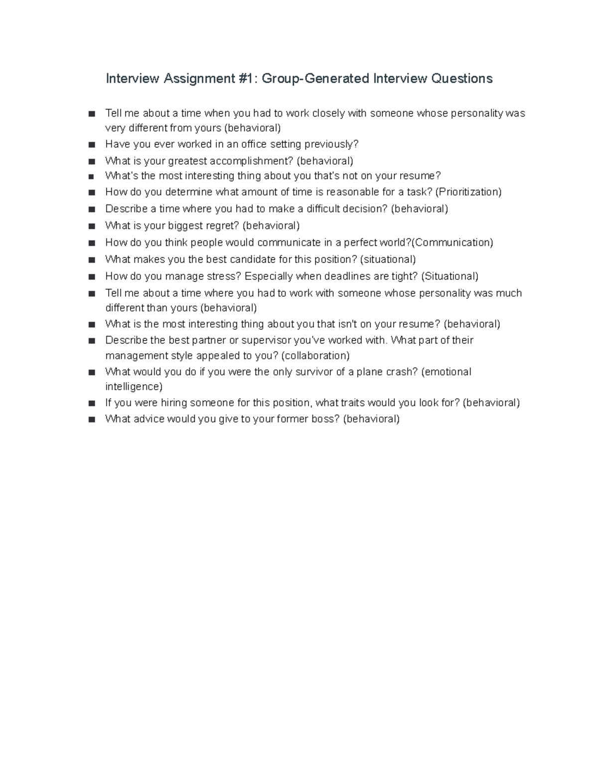 Interview Assignment #1 Group-Generated Interview Questions - Interview ...
