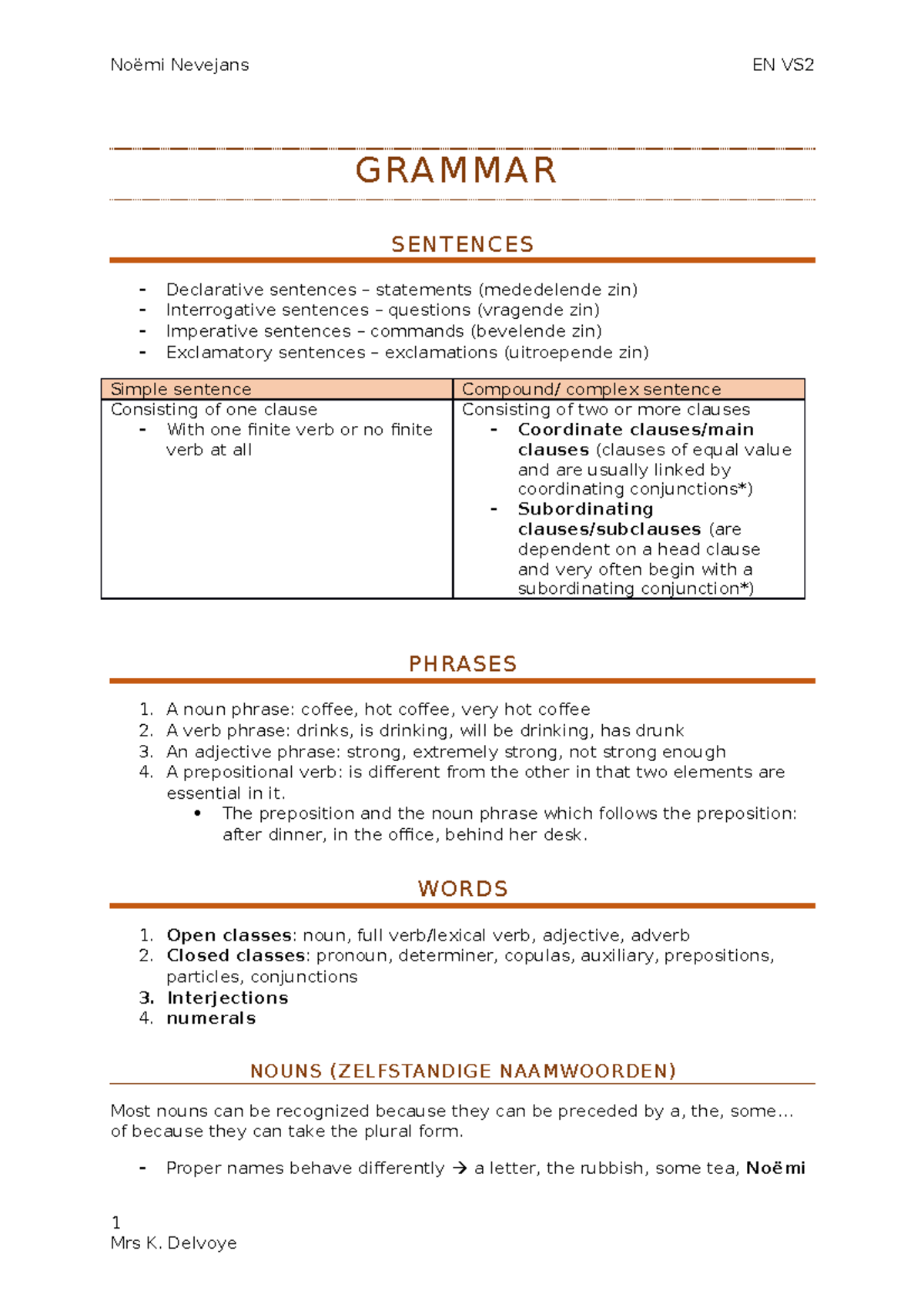 Grammar-summary - grammar eerste jaar - GRAMMAR SENTENCES - Declarative ...