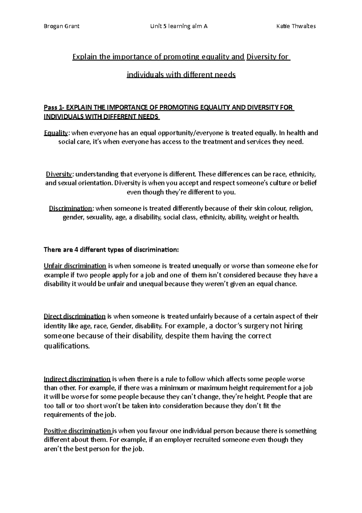 Unit 5 learning aim A - Explain the importance of promoting equality ...