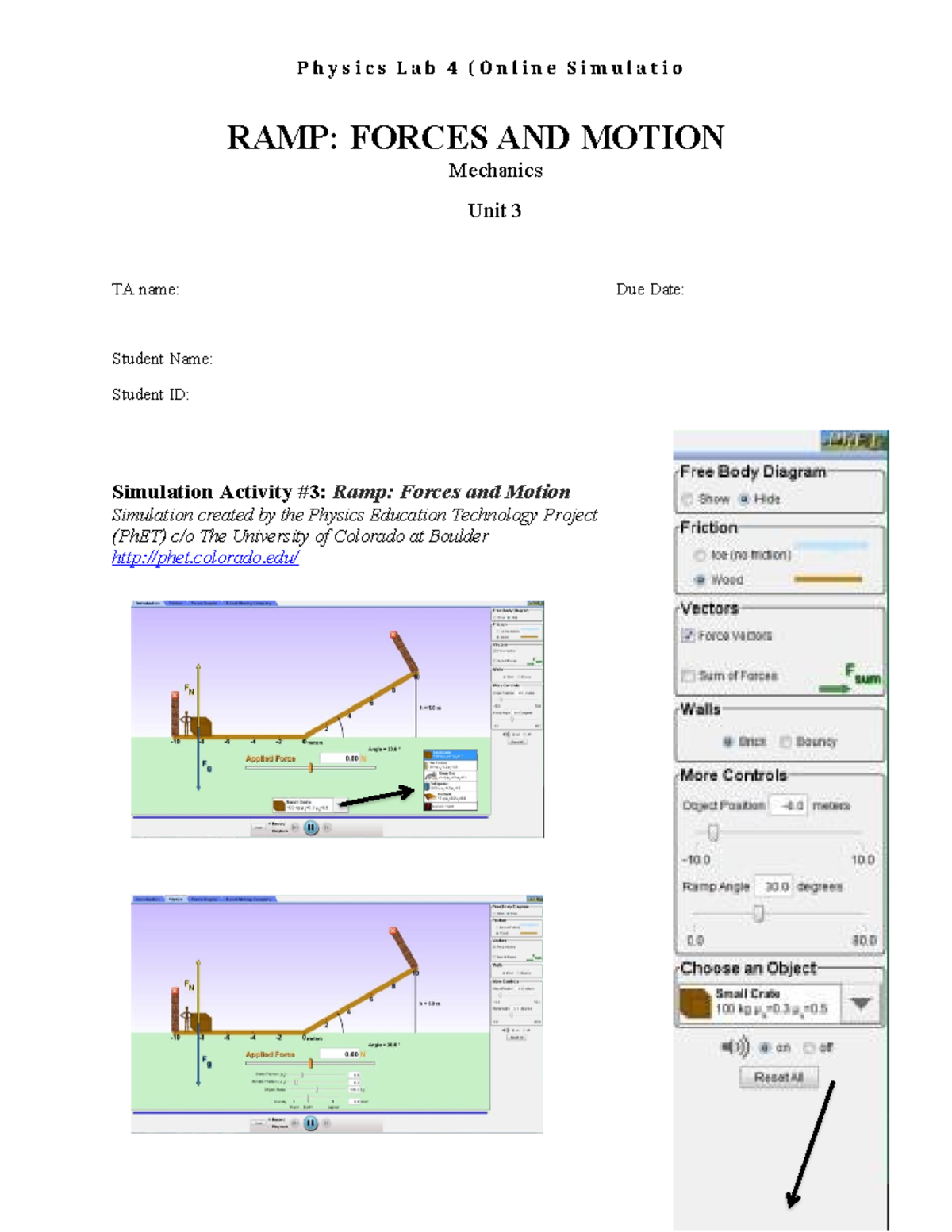 force motion - lab - n ) RAMP: FORCES AND MOTION Mechanics Unit 3 TA ...