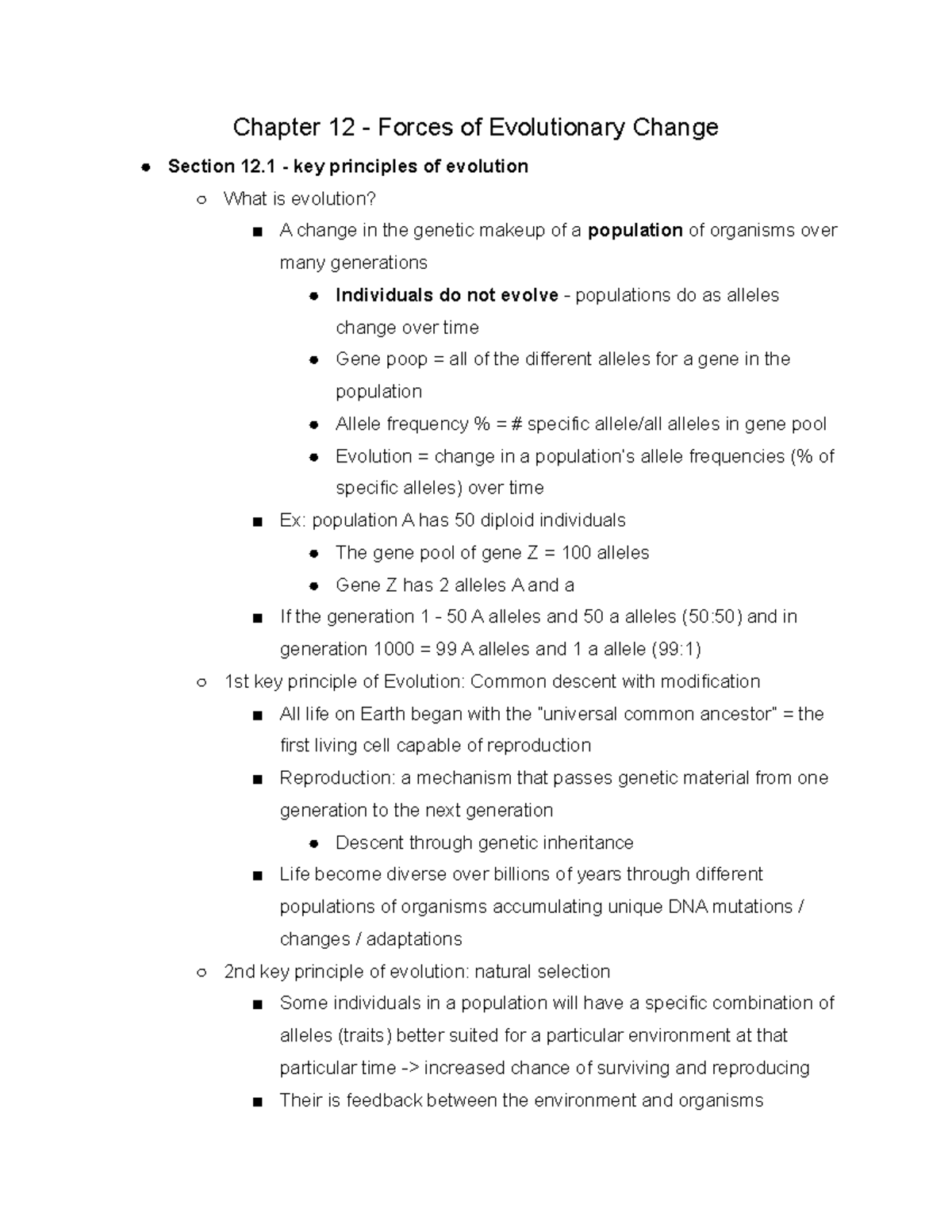 BIOA189 Chapter 12 notes - Chapter 12 - Forces of Evolutionary Change ...