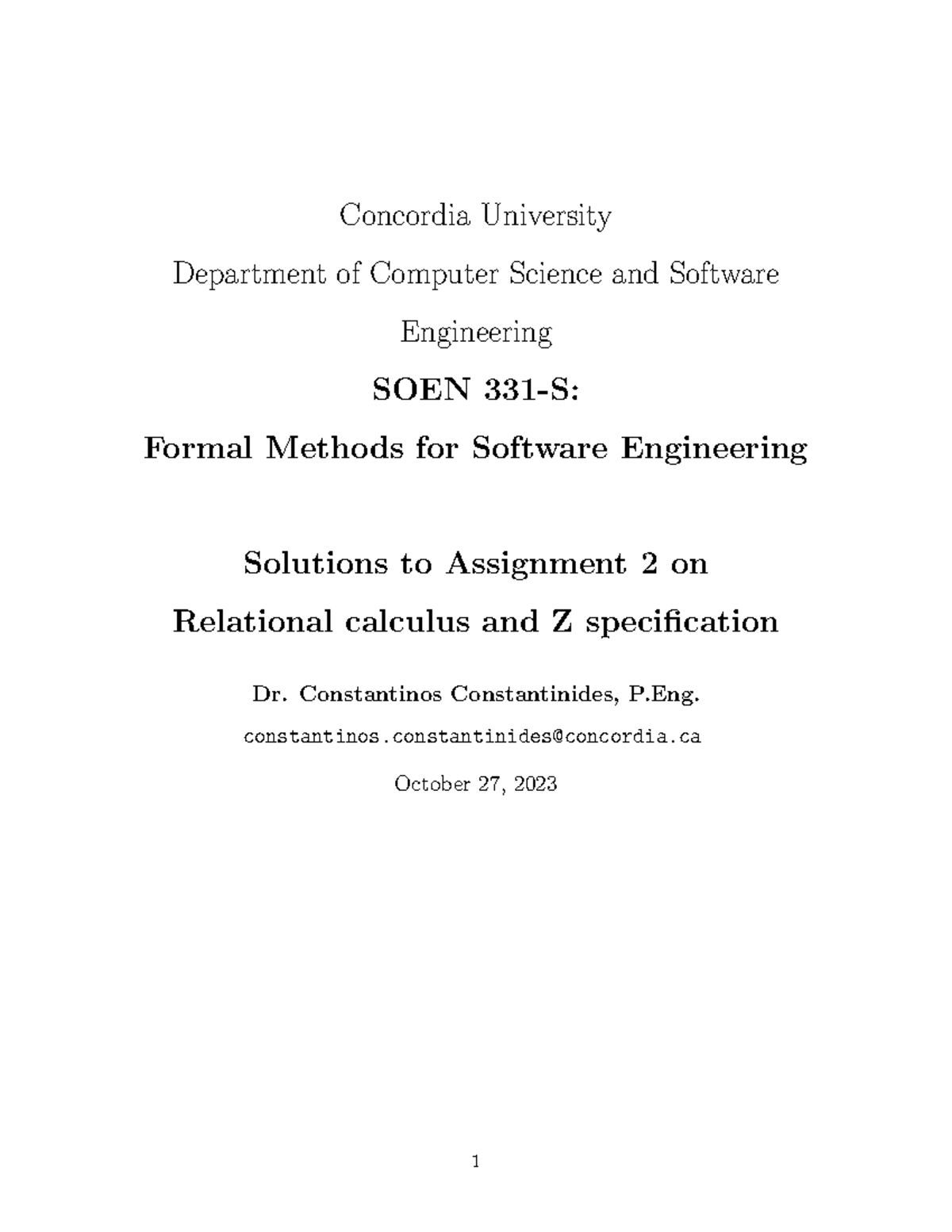 Assignment 2-sol - a2solution - Concordia University Department of Computer Science and Software ...