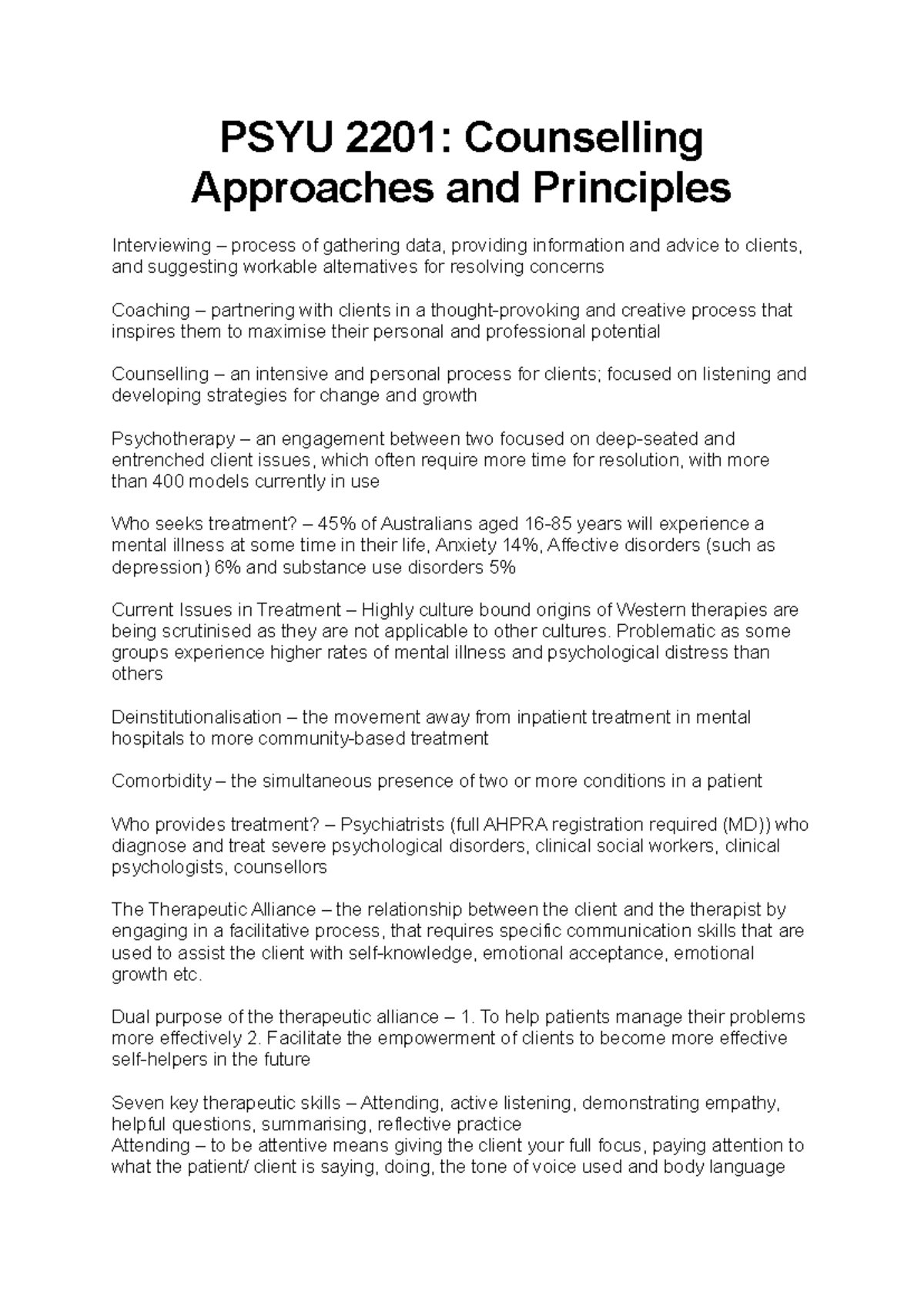 PSYU2201 Glossary - PSYU 2201: Counselling Approaches and Principles ...