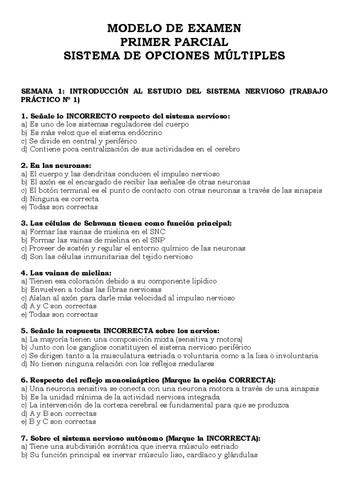 Modelo DE Primer Parcial Multiple Choice NRO 1 Neurofisiologia Preguntas DE TPs Catedra 123 ...