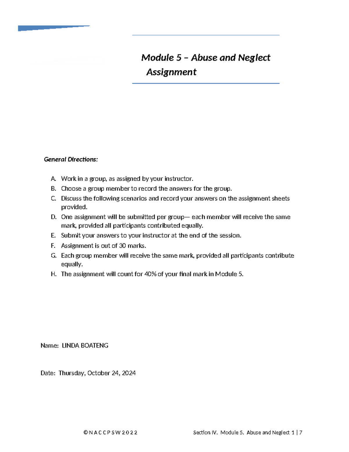 Assigmt - Module 5 Abuse and Neglect (Group) - Module 5 – Abuse and Neglect Assignment General ...