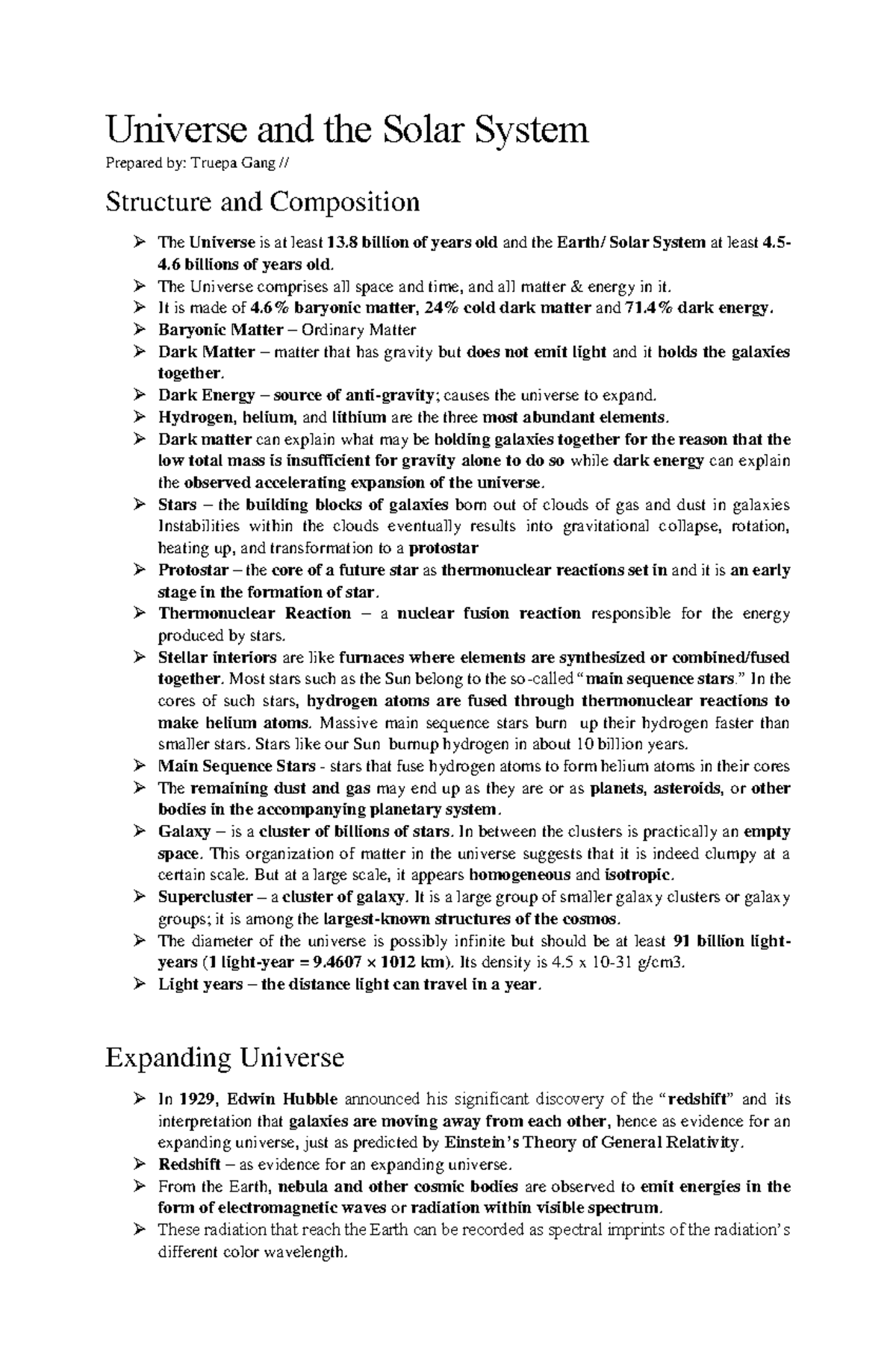 Earth Sci Reviewer - Universe and the Solar System Prepared by: Truepa ...