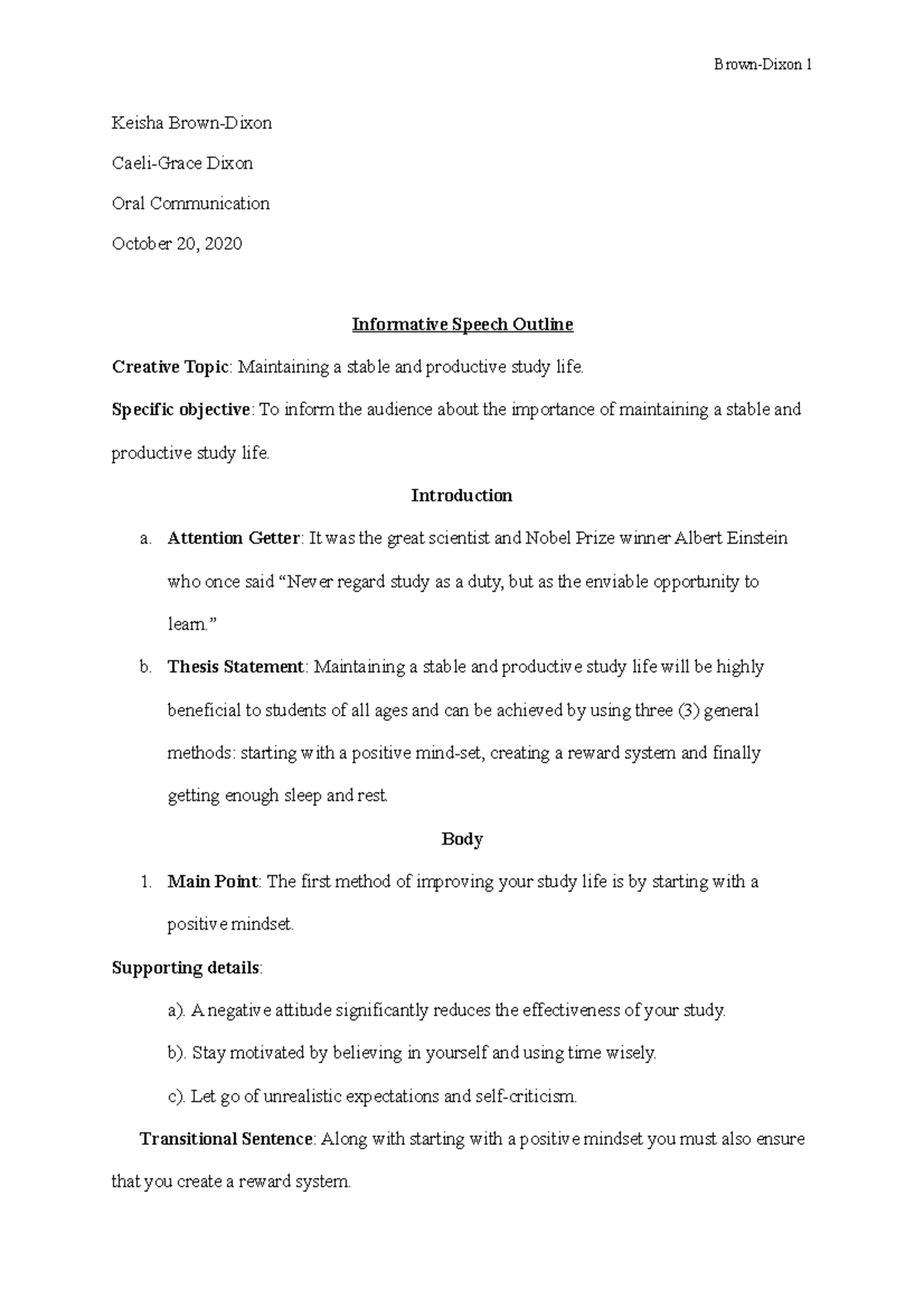 Sample Informative Speech Outline as an actual example (2) - Brown ...